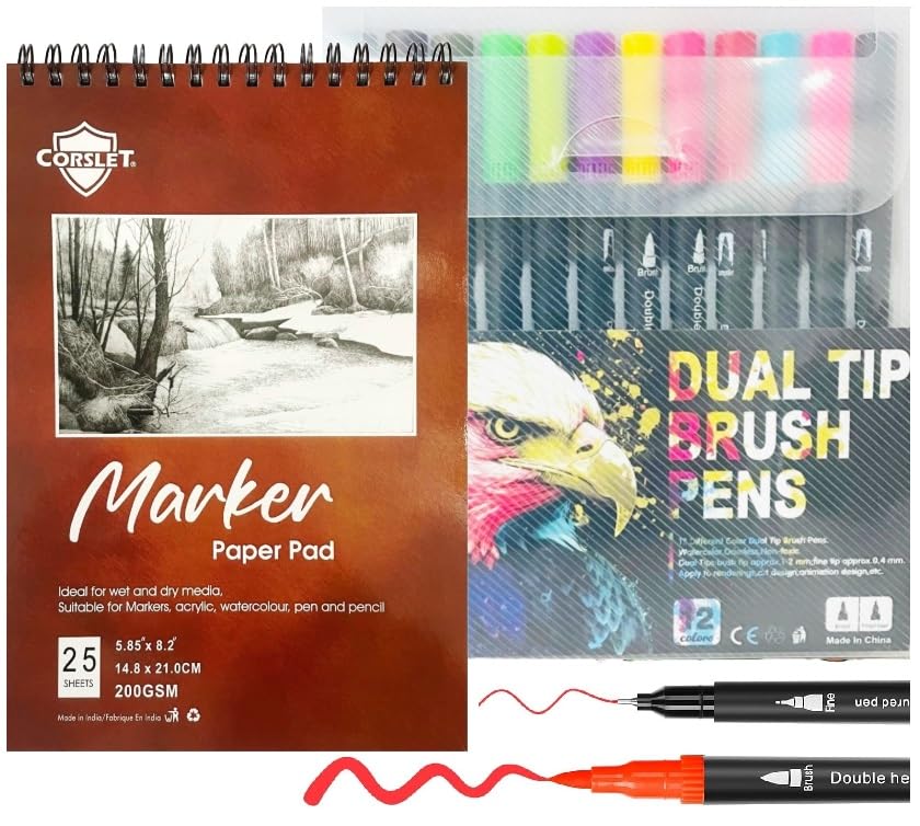 Corslet Dual Tip Brush Pens 12 Shades Fine and Brush Colouring Pen Set ...