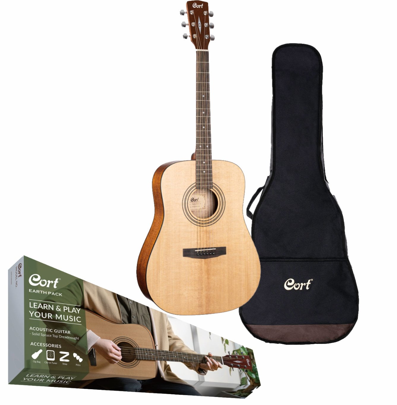 Cort EARTHPACKOP Earth Series Acoustic Guitar Starter Pack - Open Pore ...