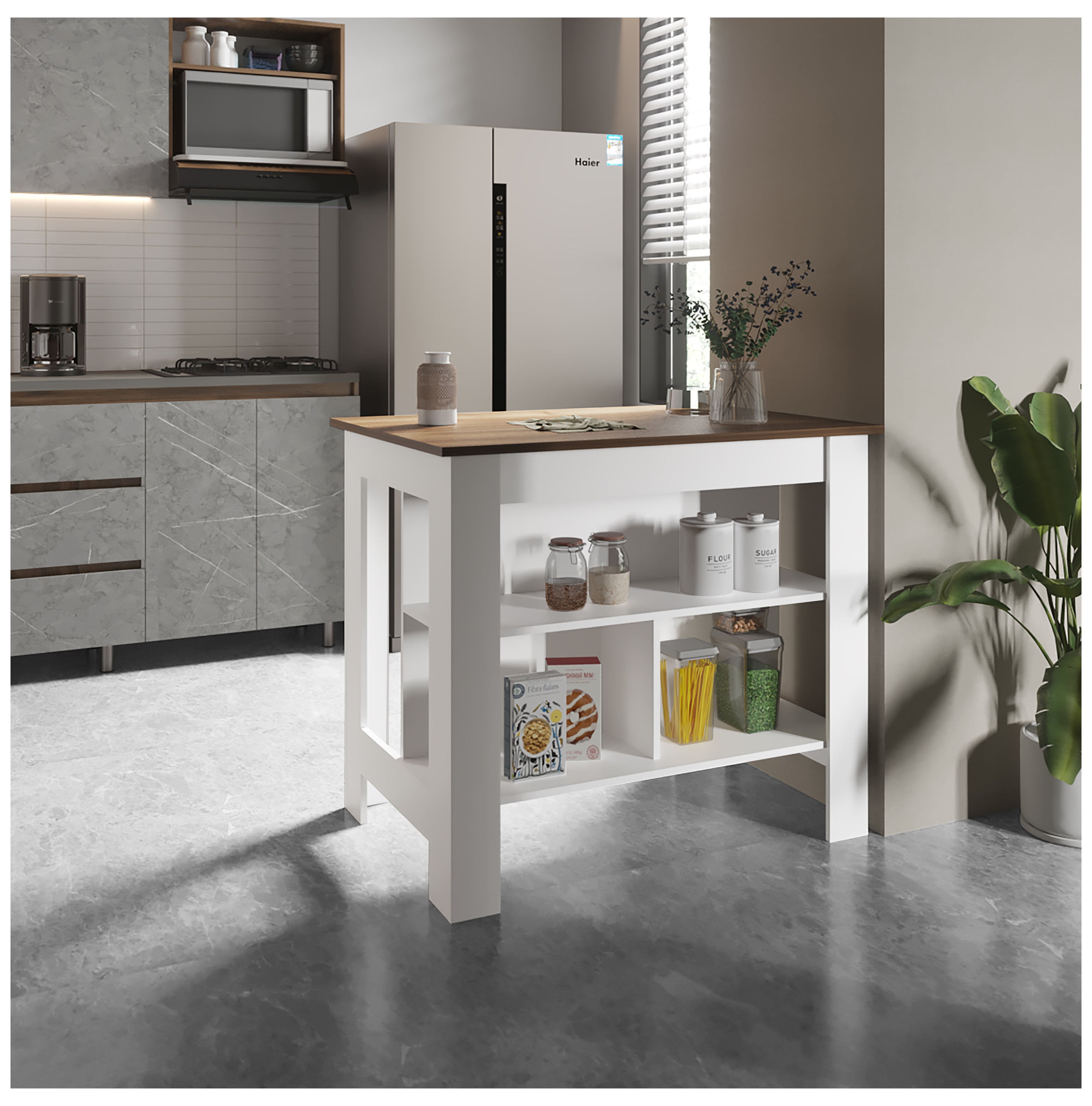Cortes Kitchen Island 2-Tier Shelf 40" Width and large Work Top Multi ...