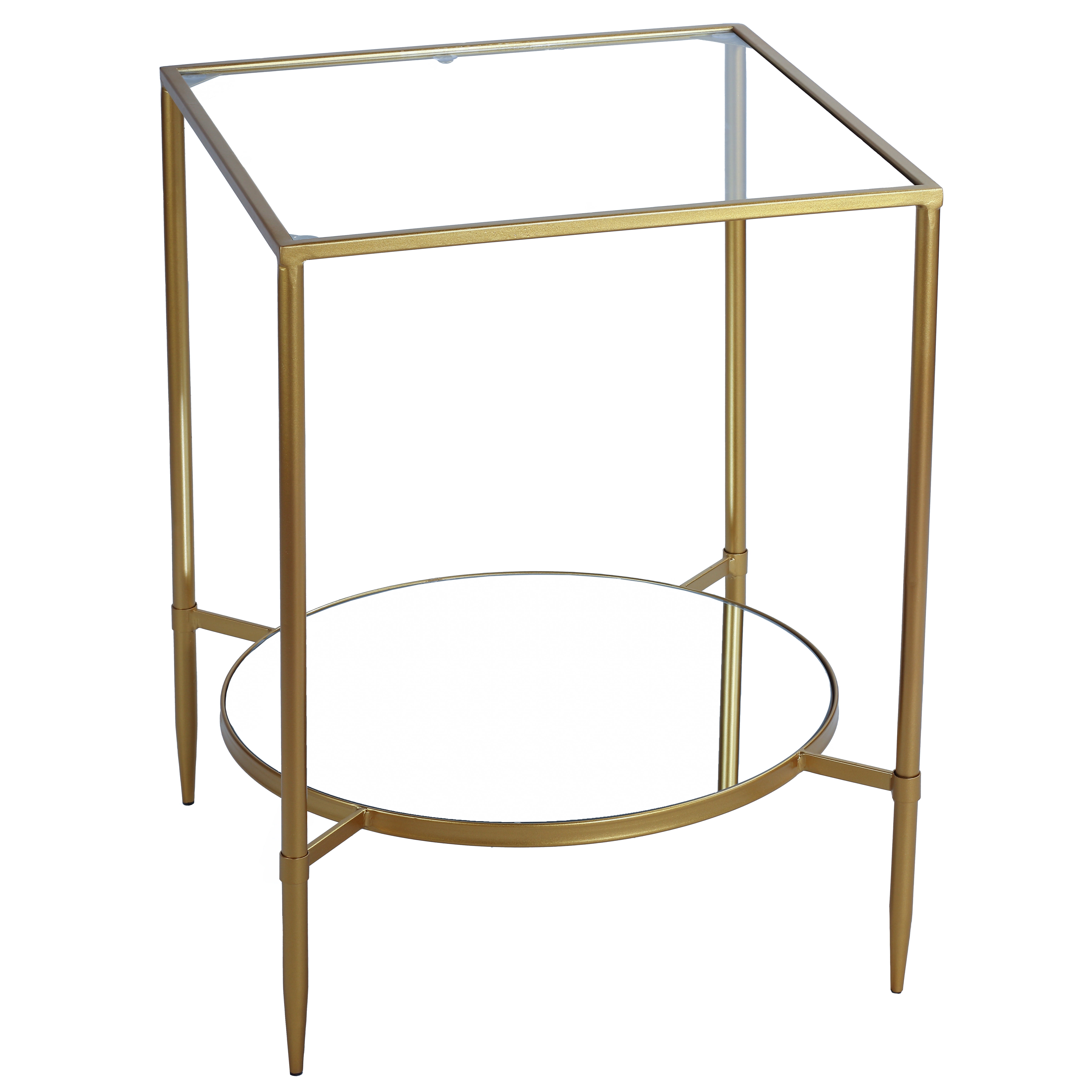 Cortesi Home Johan Square Glass End Table with Mirror Shelf, Gold Metal ...
