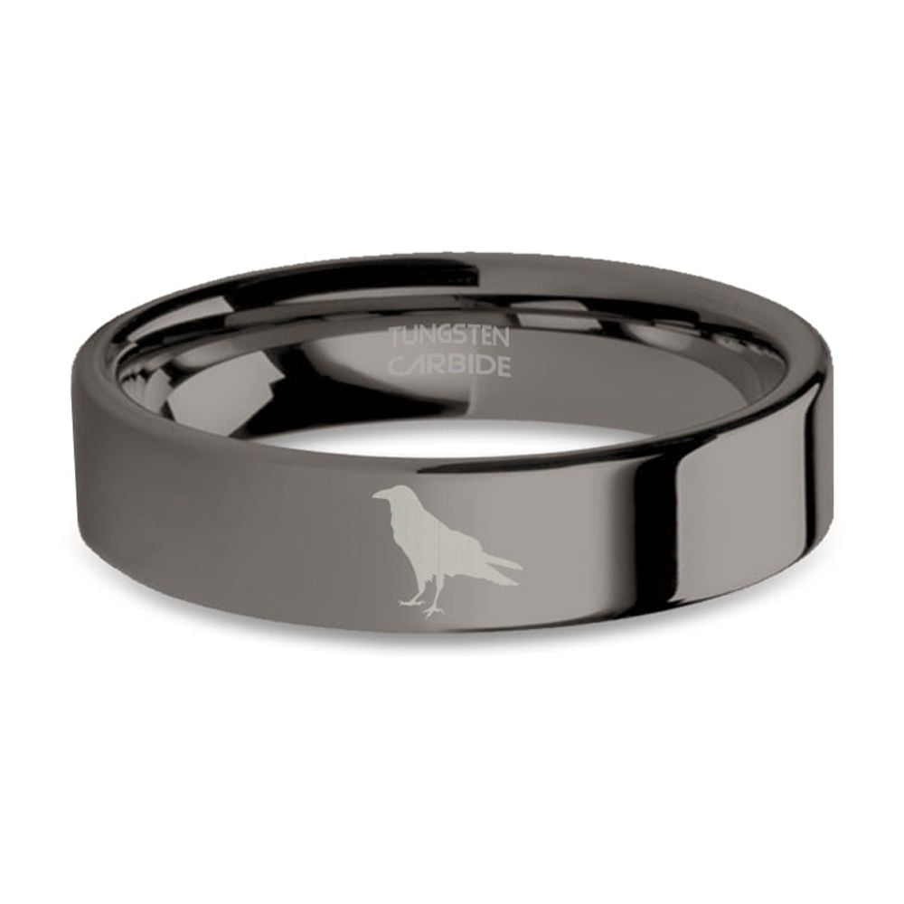 Corvid Crow Raven Engraved Gunmetal Polished Tungsten Wedding Band, 6mm ...
