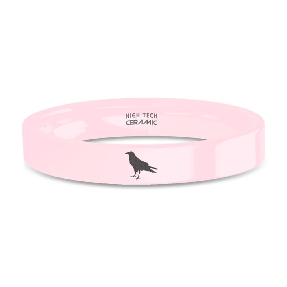 Corvus Bird Crow Laser Engraved Pink Ceramic Wedding Band, 4mm, Size 3. ...