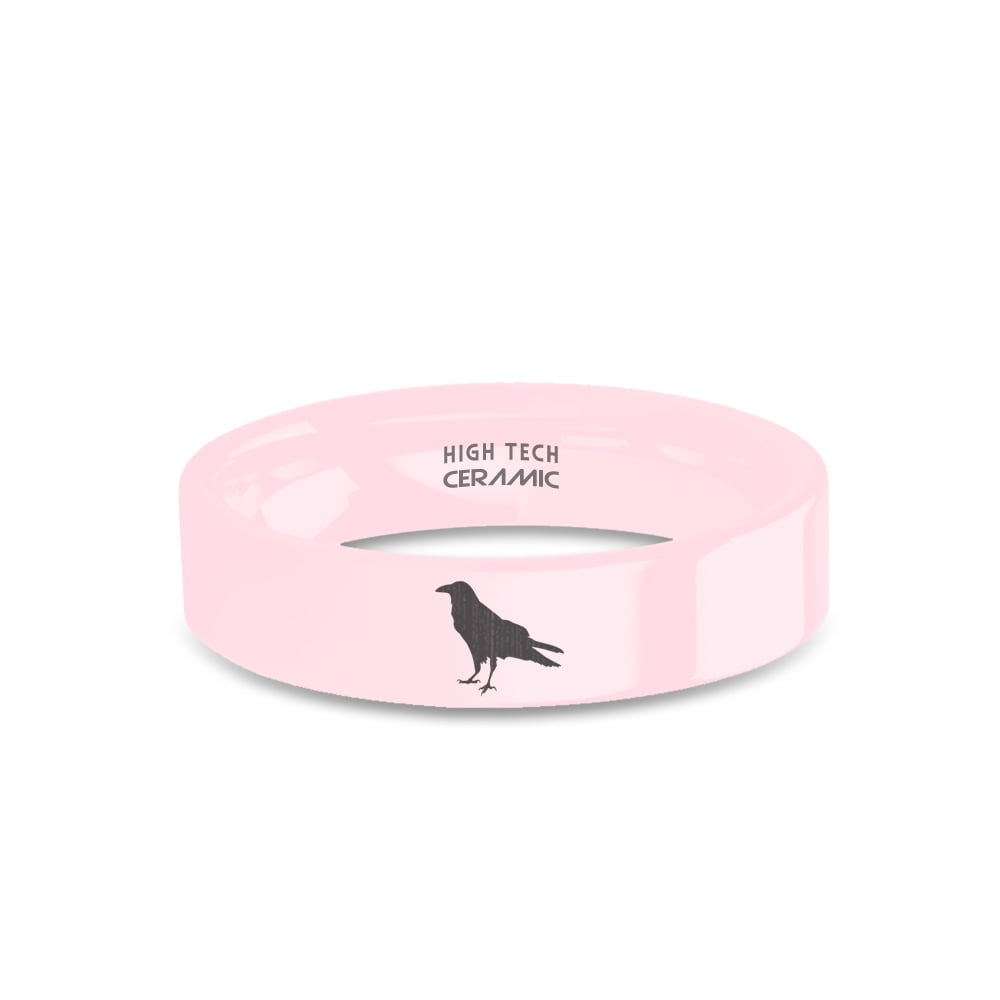 Corvus Bird Crow Laser Engraved Pink Ceramic Wedding Band, 6mm, Size 4. ...