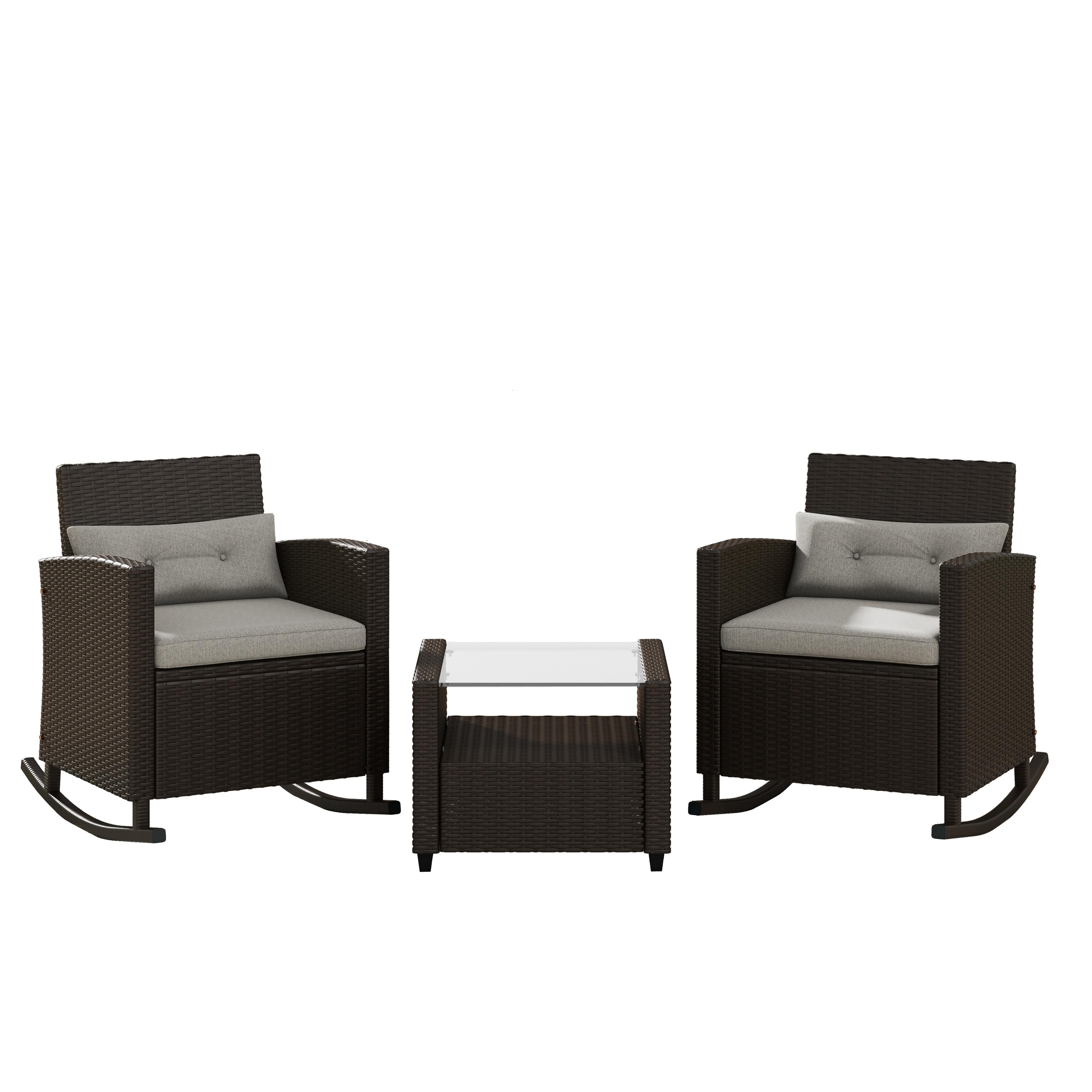 Corvus Fatih 3-piece Outdoor Wicker Rocking Chat Set with Cushions ...