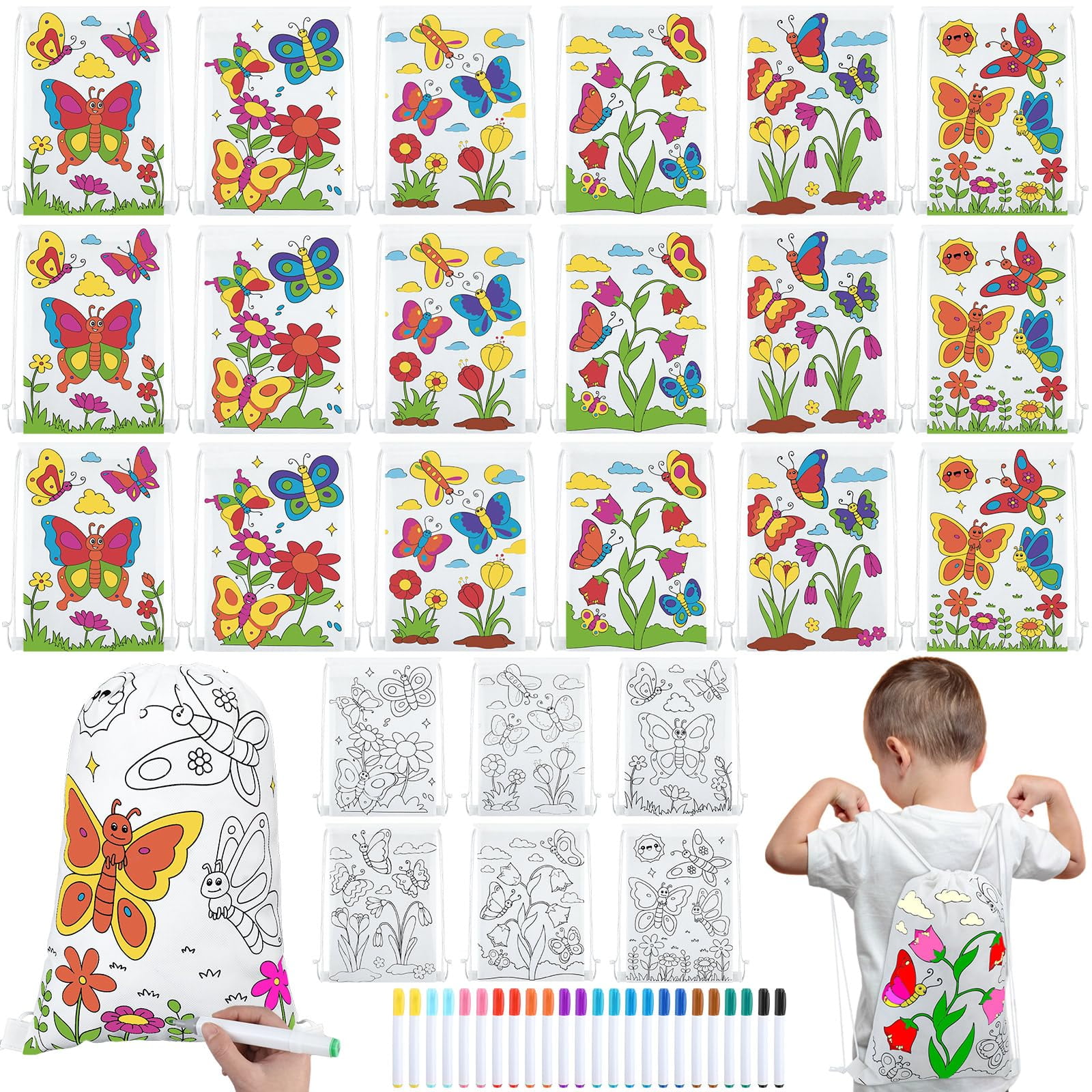 Cosblank 24 Pcs Color Your Own Butterfly Drawstring Crafts for Kids ...