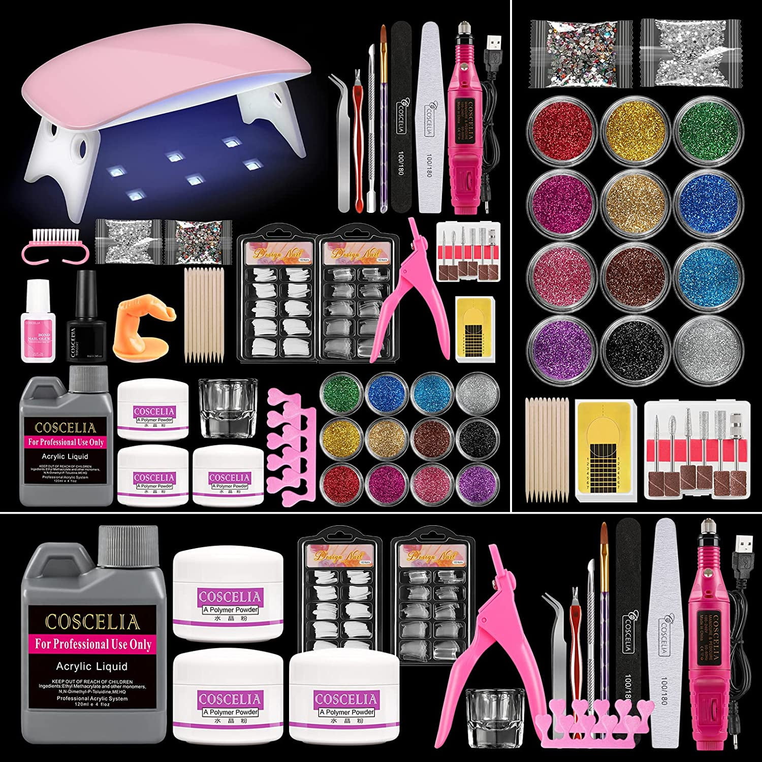 Coscelia Pro Acrylic Nail Kit with UV Light, Drill, 3 Colors, MMA ...