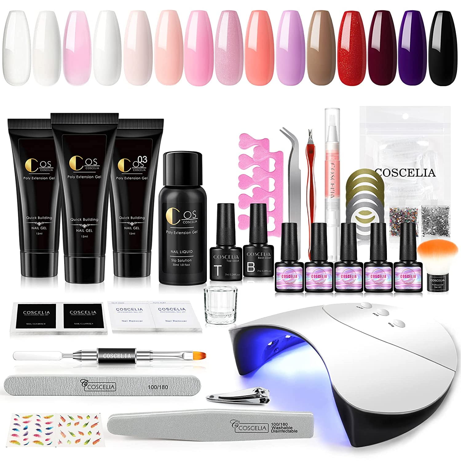 Coscelia Home Poly Nail Gel Kit with 36W UV Light, 15 Summer Colors ...