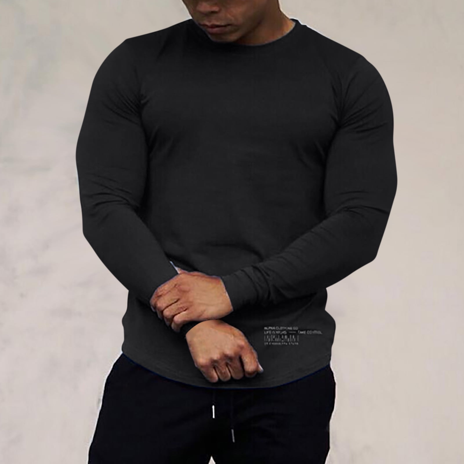 COSFO Athleisure Men Shirts Long Sleeve Crew Neck Black Solid Slim ...