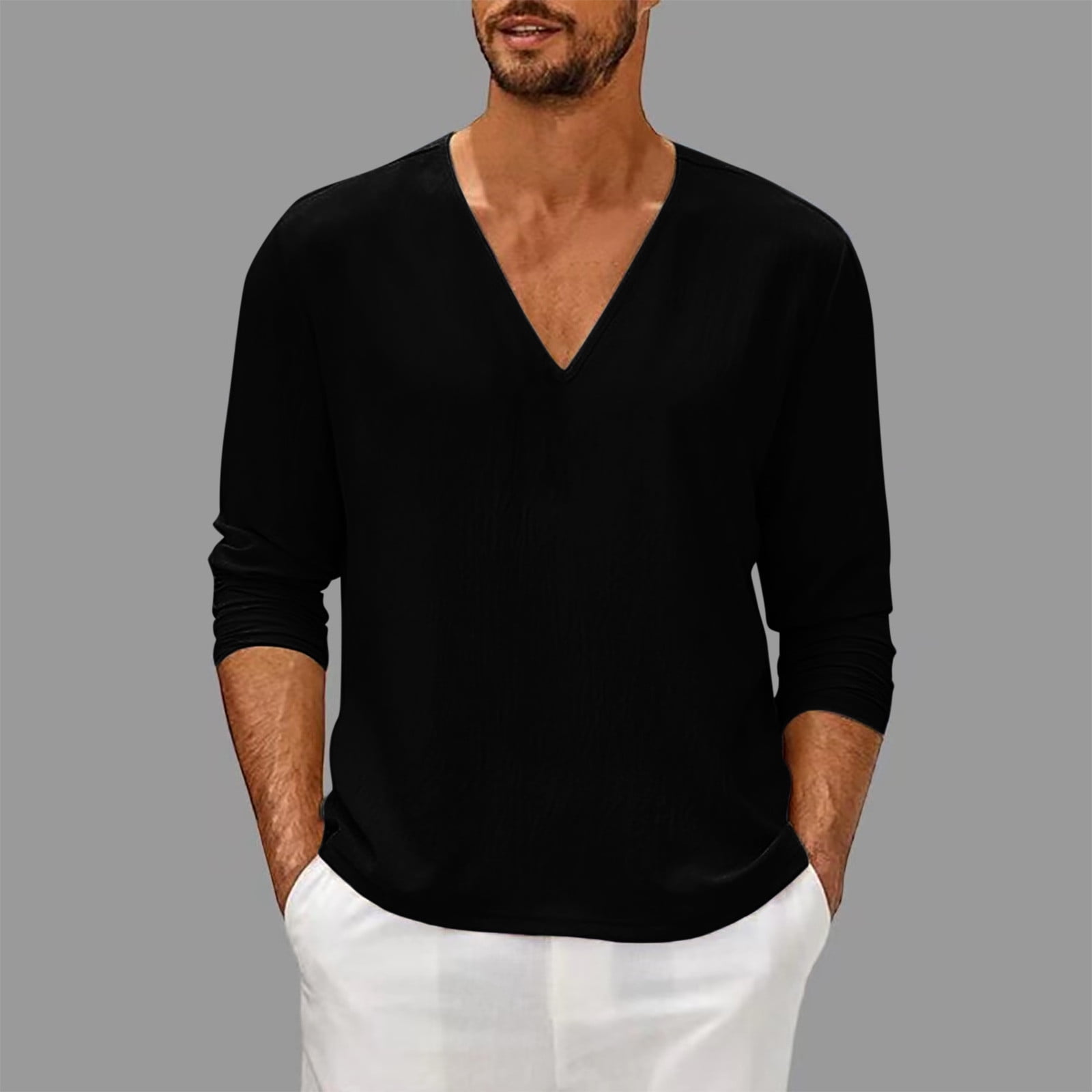 COSFO Casual Men Shirt Long Sleeve Black V-Neck Solid Pullover T Shirts ...