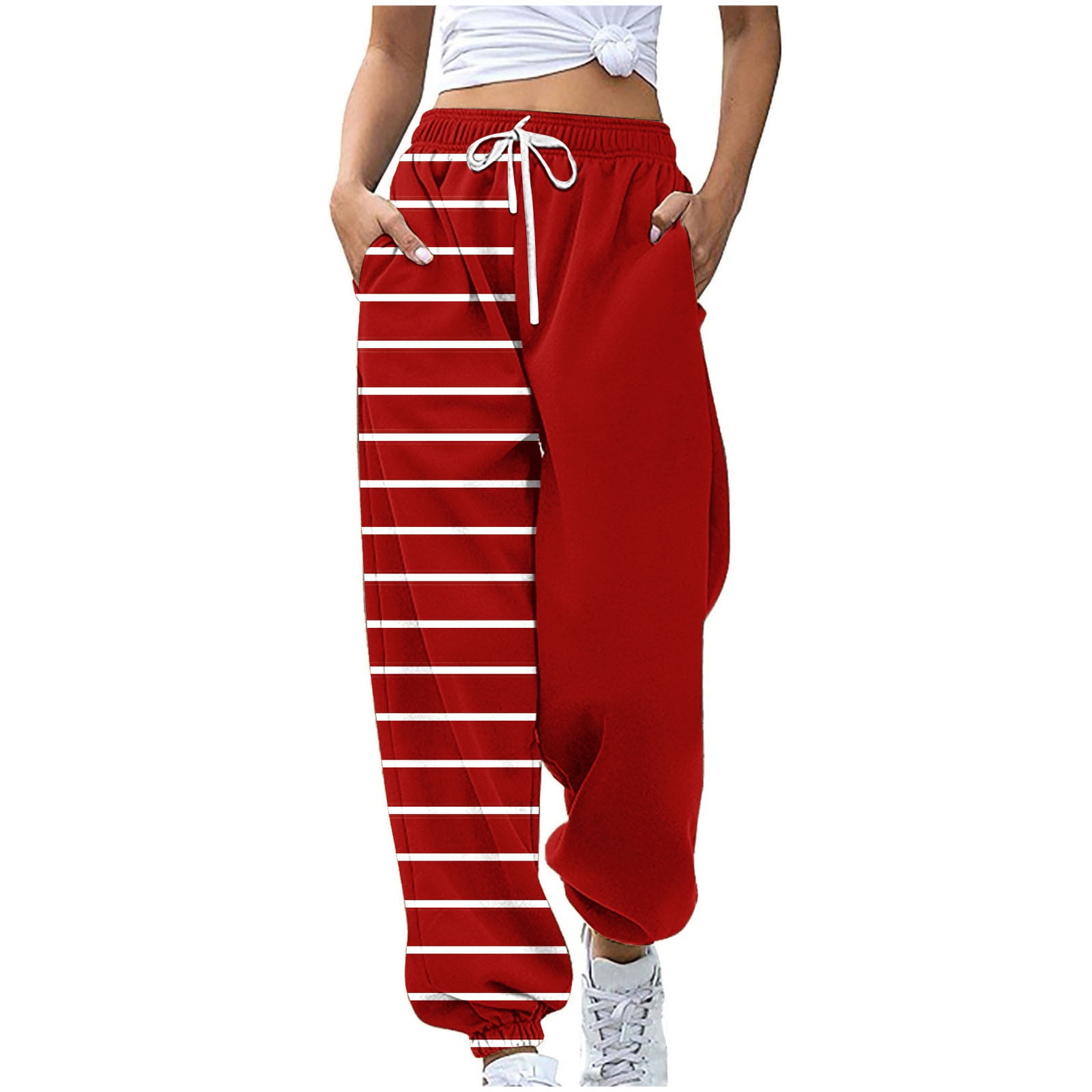 COSFO Drawstring Sweatpants for Women Striped Red Athletic Tapered ...