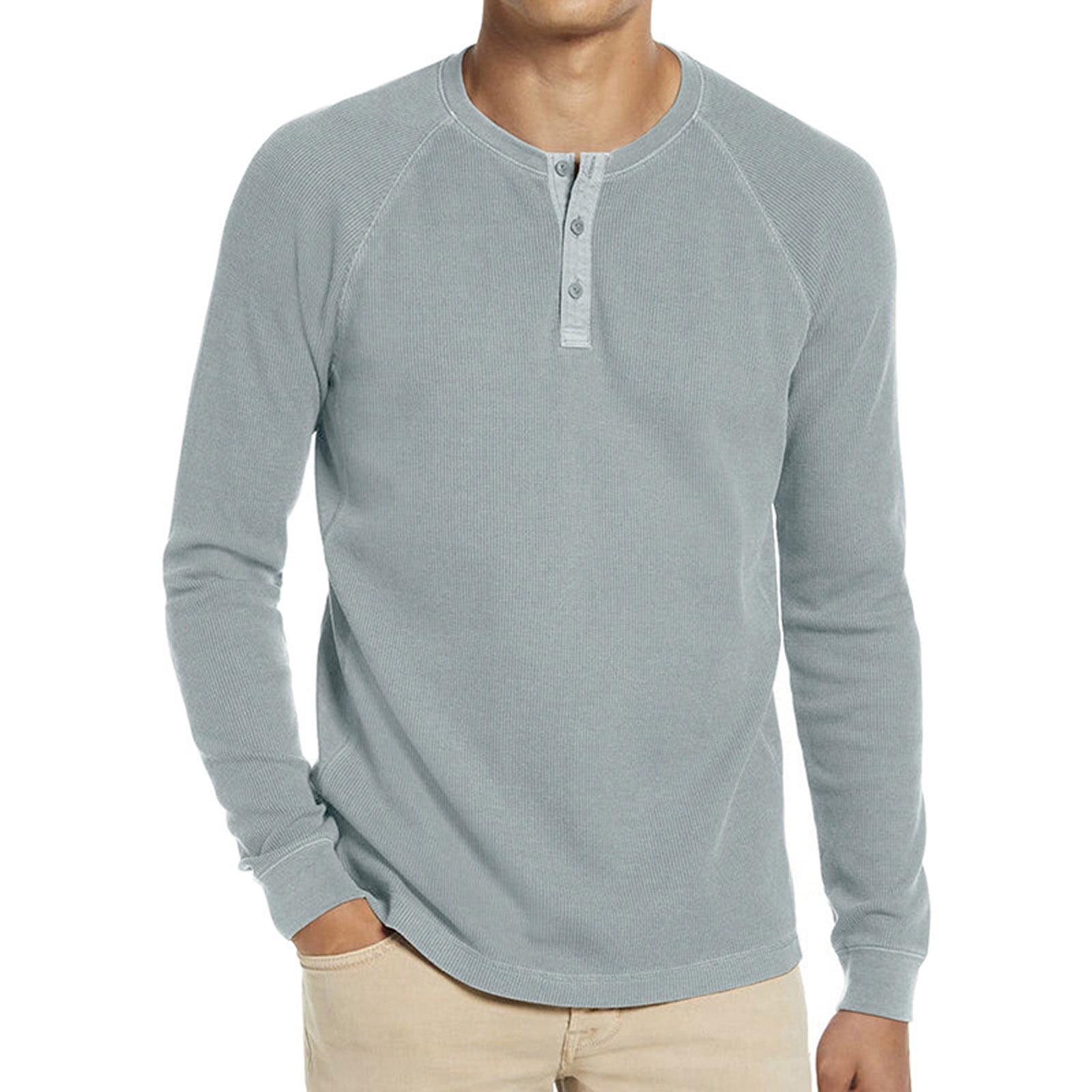 COSFO Henley Mens Shirts Casual Long Sleeve Blue Button Pullover Solid ...