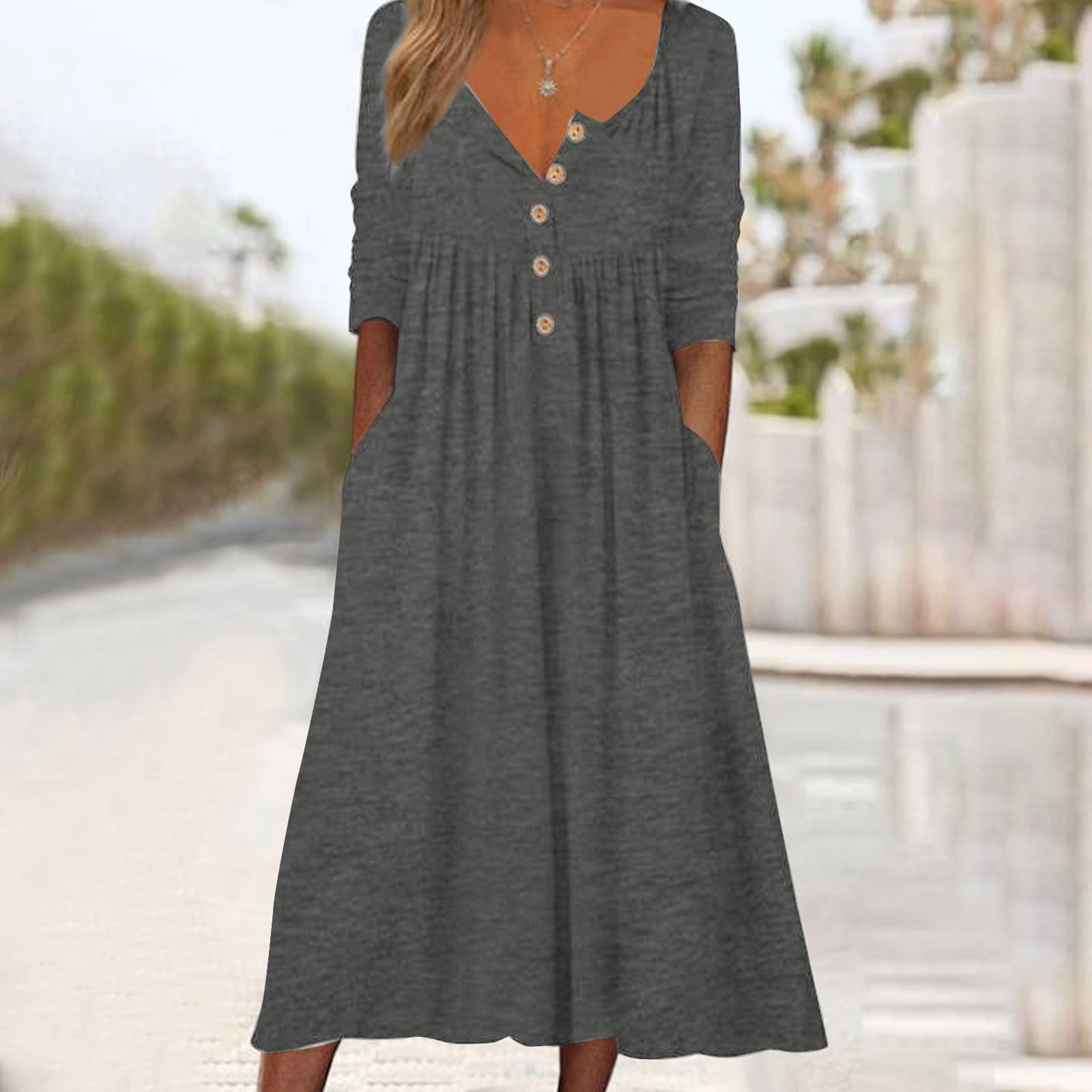 COSFO Long Sleeve Dresses for Women Casual Black Solid V-Neck Midi Dress Flowy A-Line Button ...