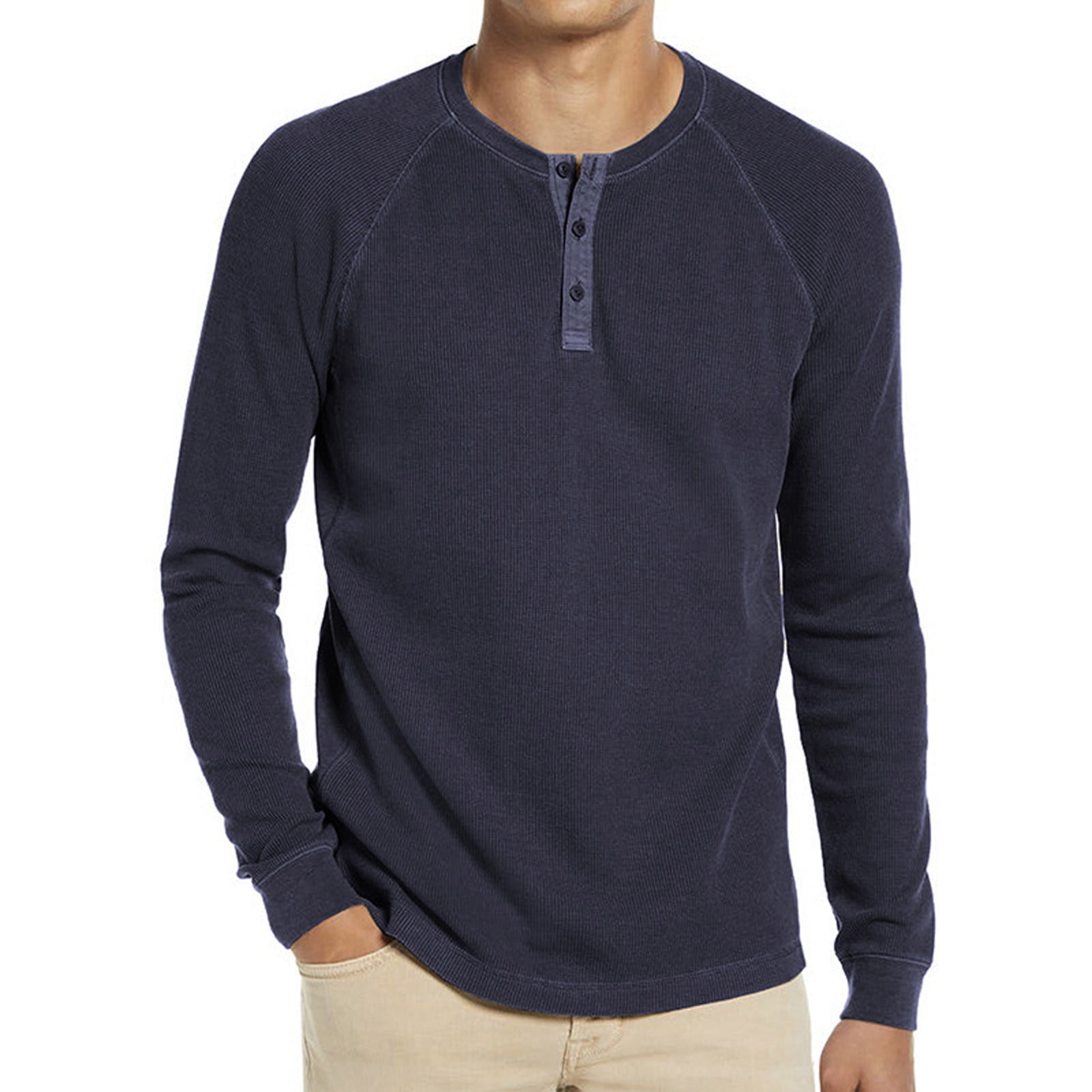 Cosfo Long Sleeve Men Shirt Casual Henley Blue Solid Waffle Knit Button ...