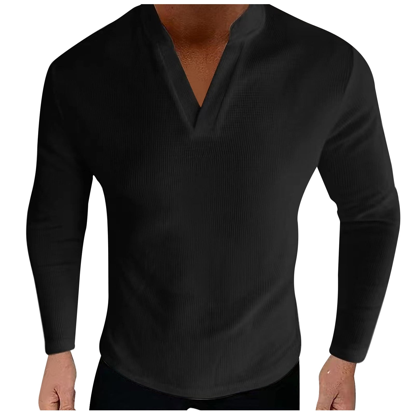 COSFO Long Sleeve Men Shirts V-Neck Black Casual Slim Pullover Solid ...