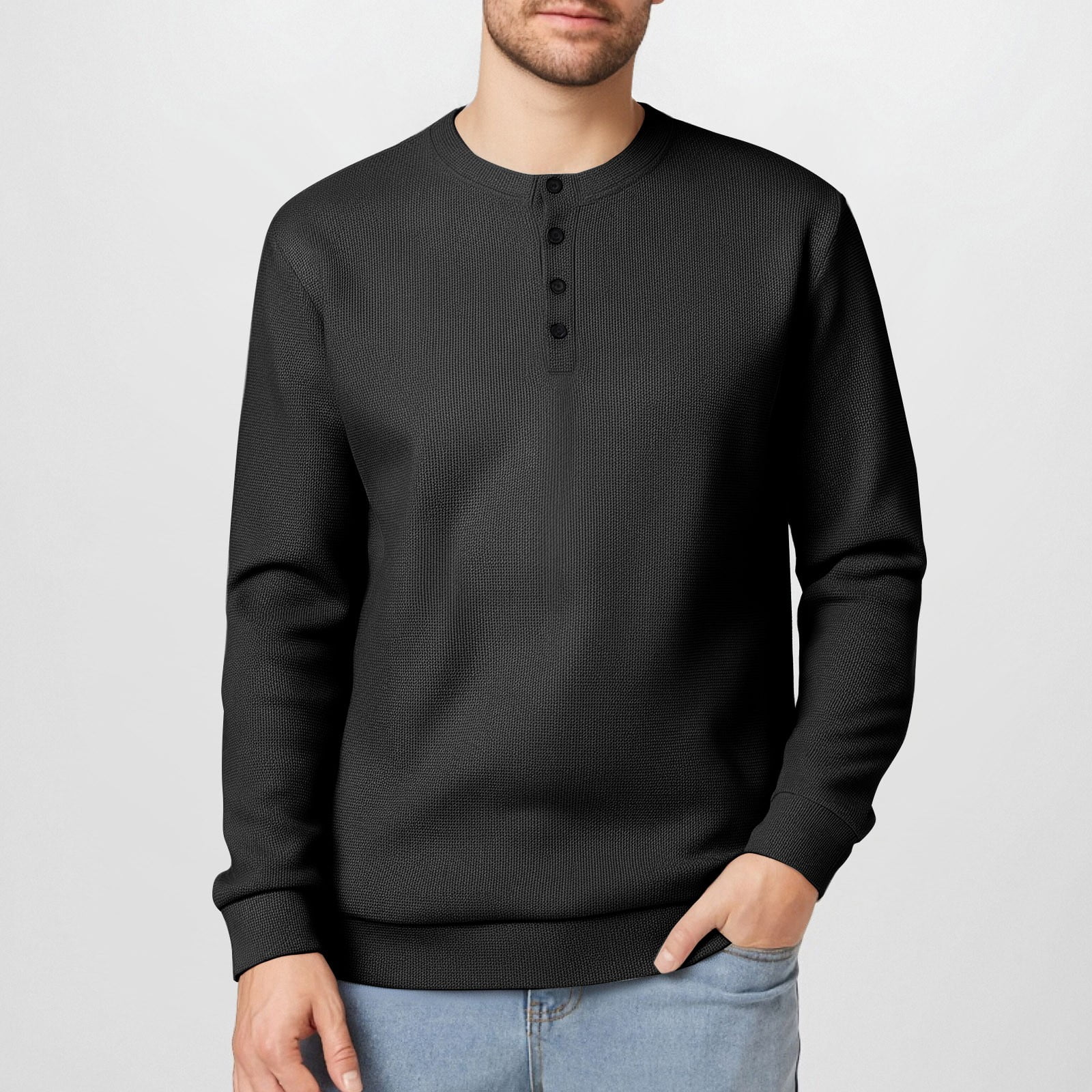 COSFO Long Sleeve Mens Shirts Black Casual Henley Solid Pullover Waffle ...