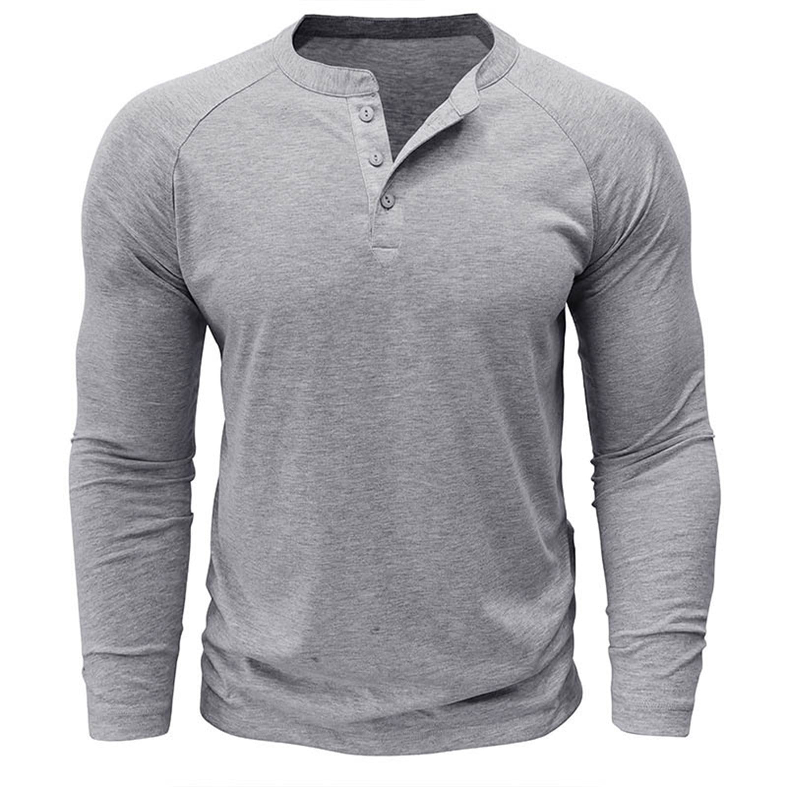 COSFO Long Sleeve Shirts for Men Casual Henley Gray Button Solid ...