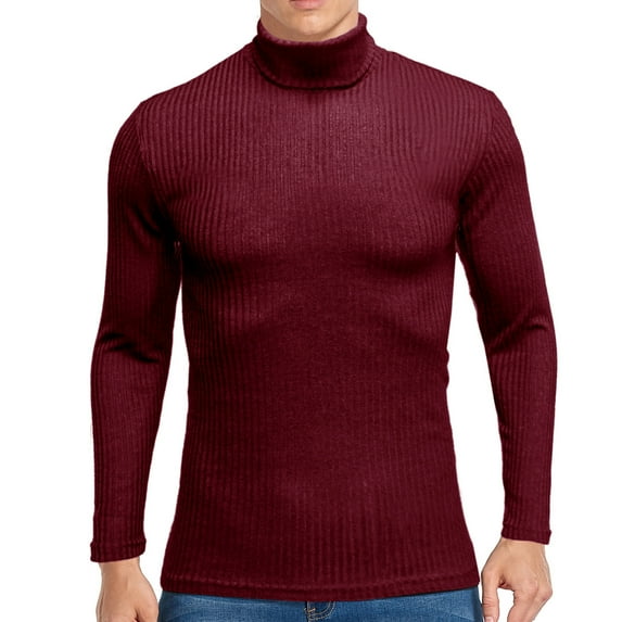COSFO Long Sleeve Sweater for Men Red Solid Ribbed Knit Turtleneck ...