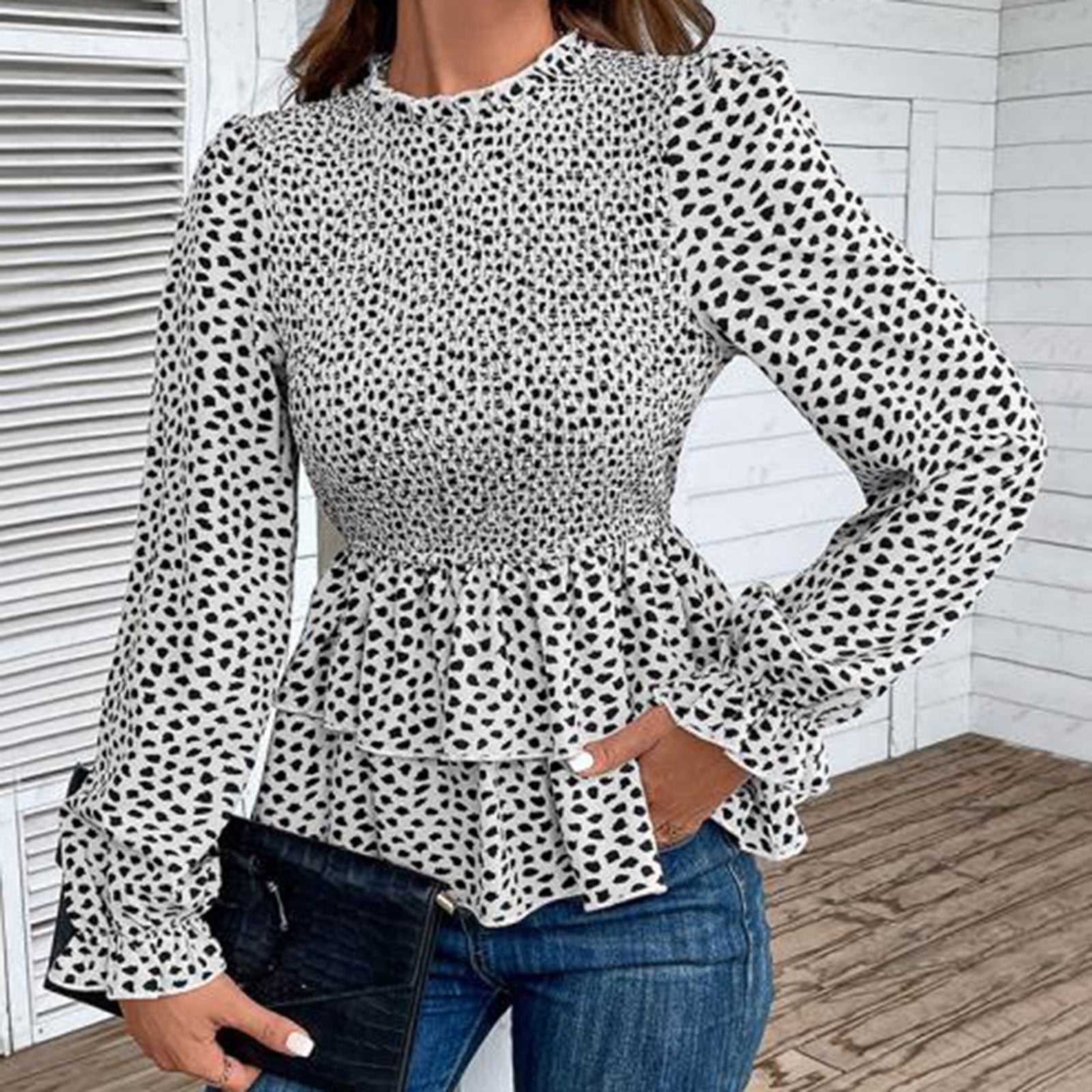 COSFO Long Sleeve Work Shirts for Women White Crew Neck Peplum Top ...