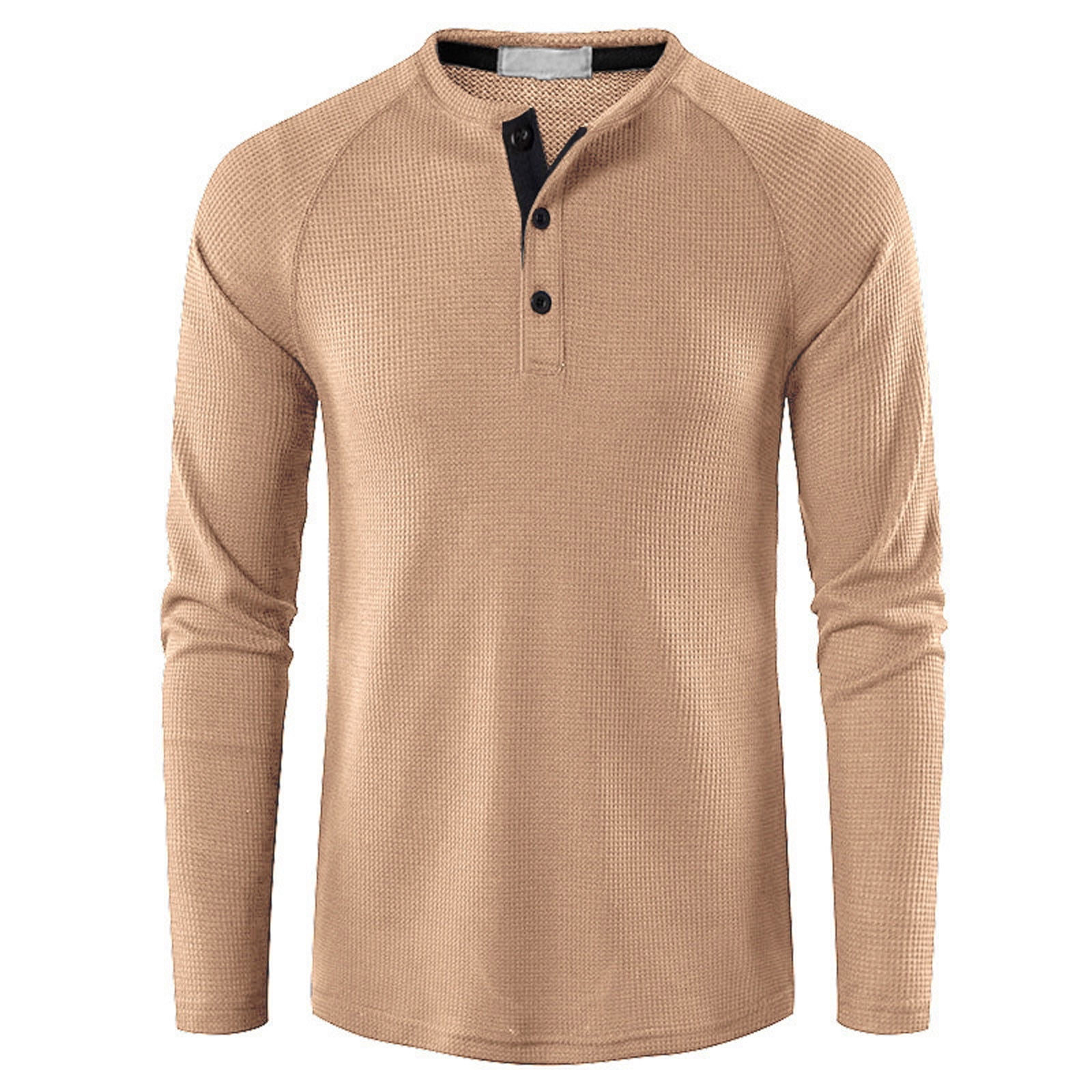 COSFO Mens Shirts Beige Casual Long Sleeve Henley Pullover Solid Waffle ...
