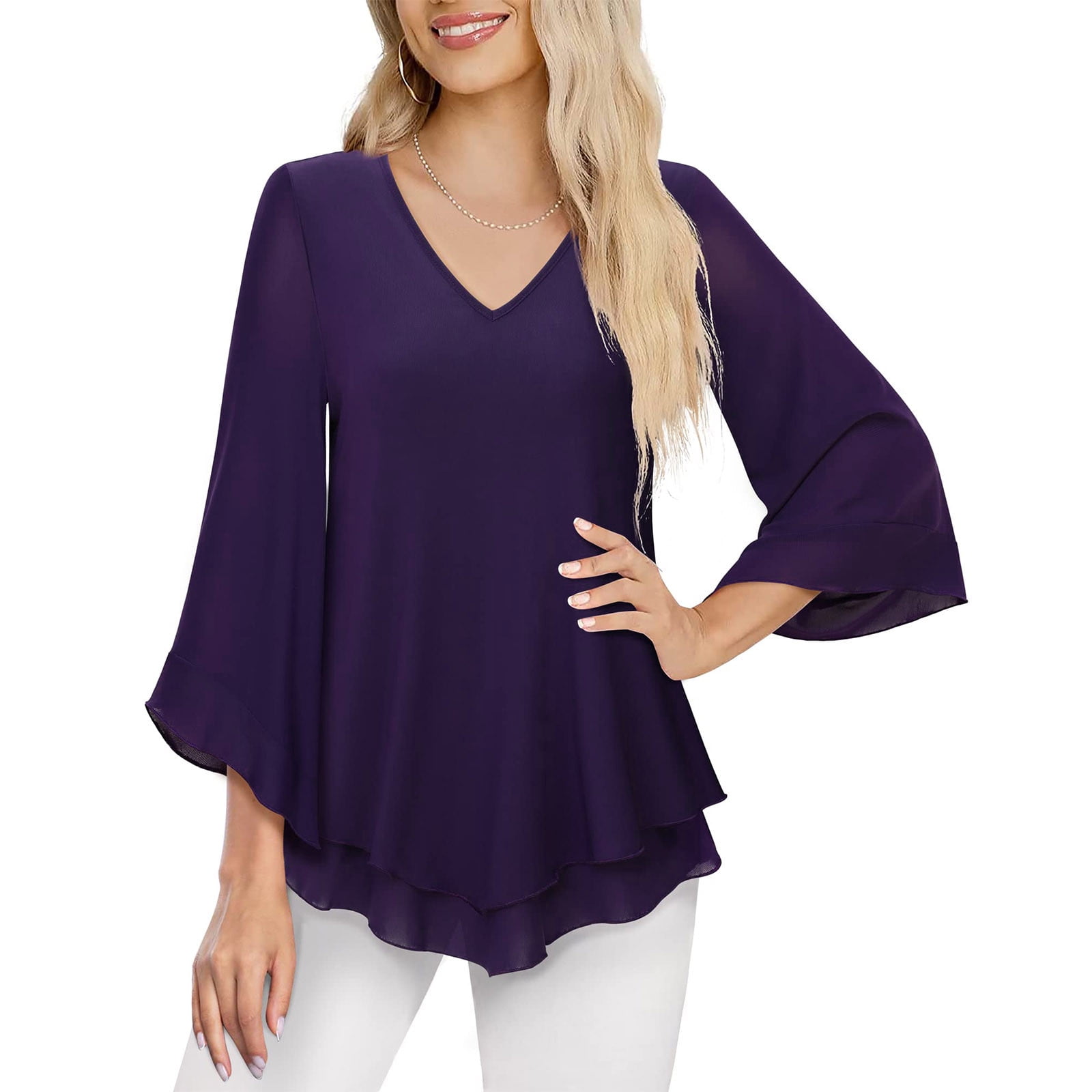 COSFO Mesh Women Shirts 3/4 Sleeve Floral V-Neck Purple Top T-Shirts ...