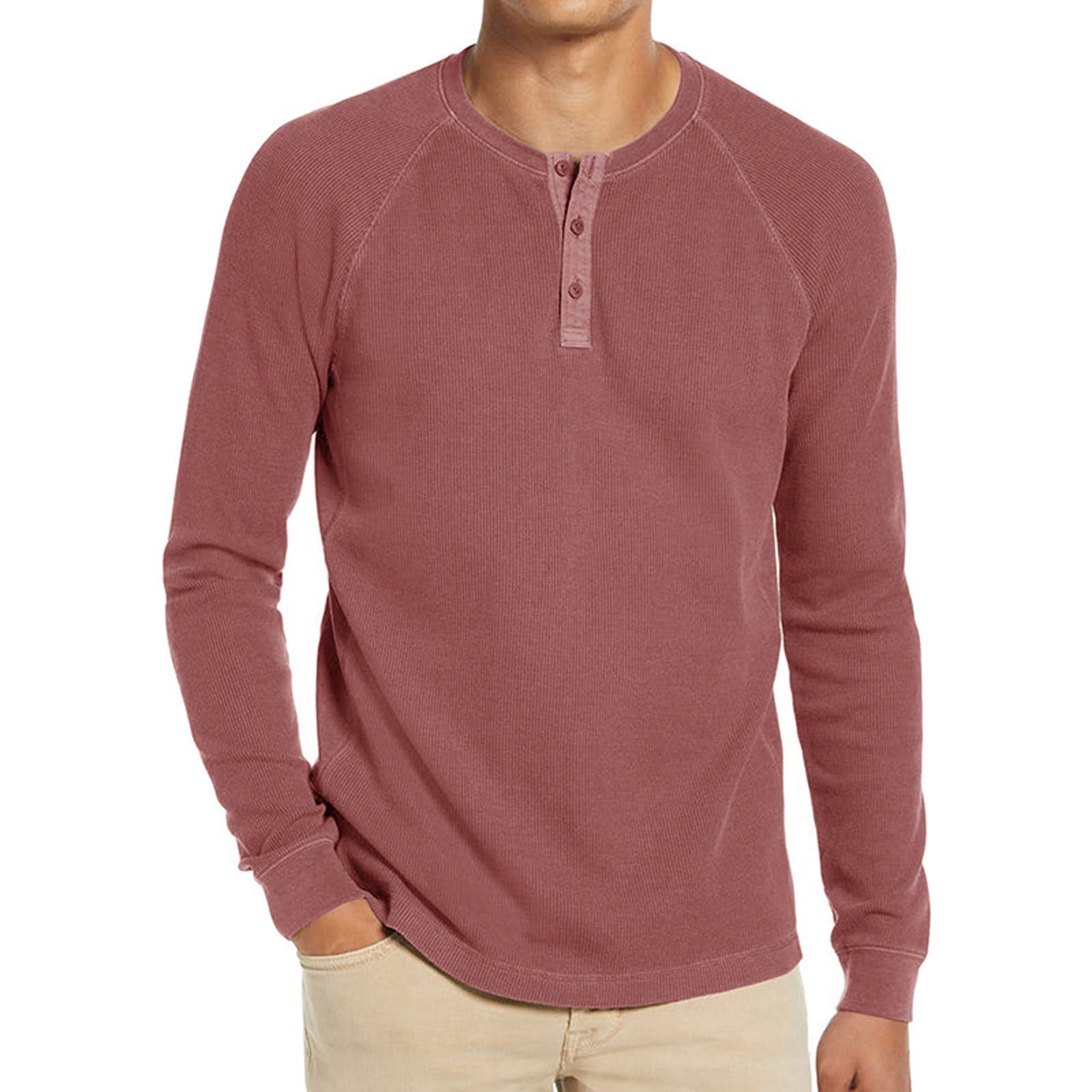 COSFO Red Men Shirts Henley Casual Long Sleeve Pullover Waffle Knit ...