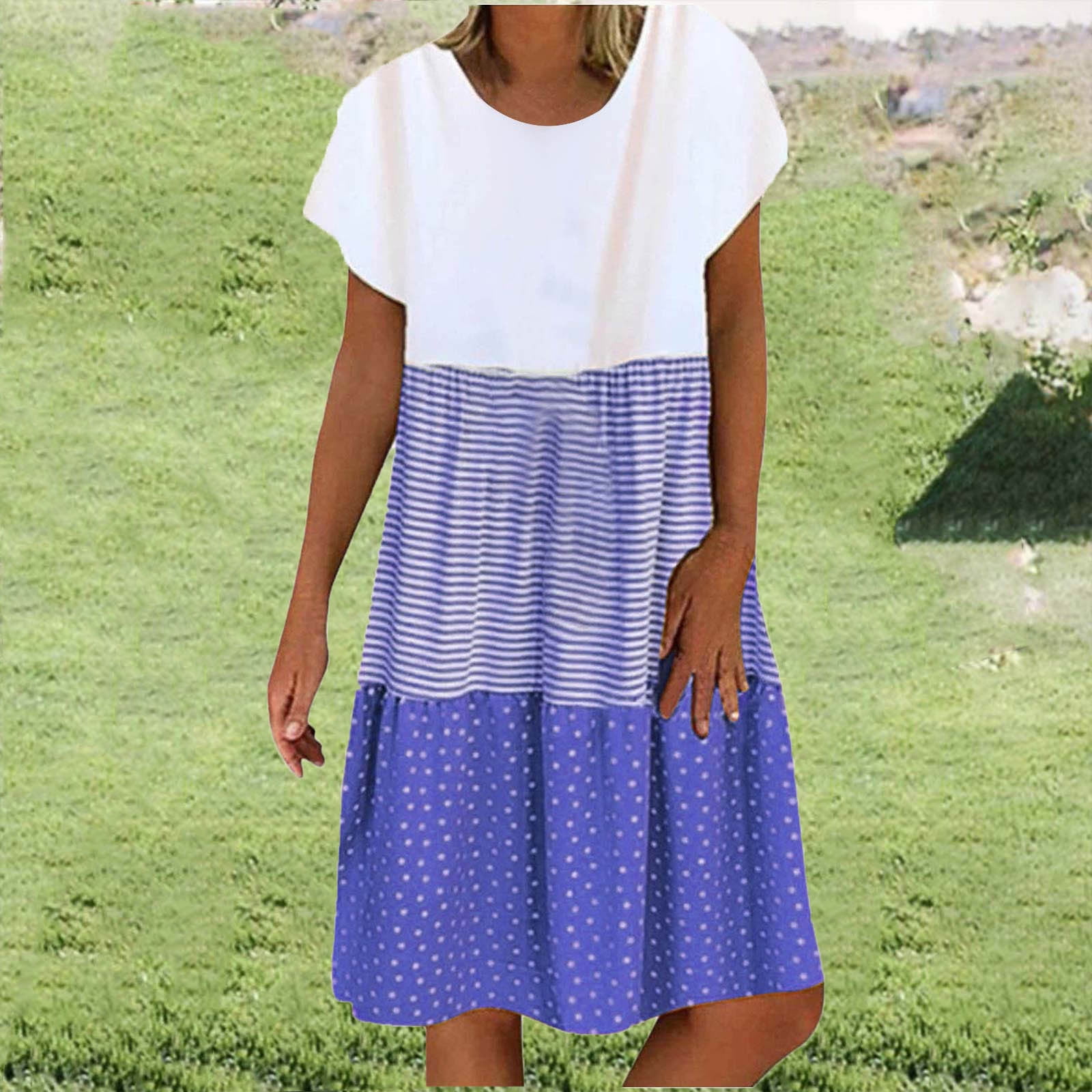 COSFO Short Sleeve Dresses for Women 2024 Blue Striped Casual Crew Neck ...