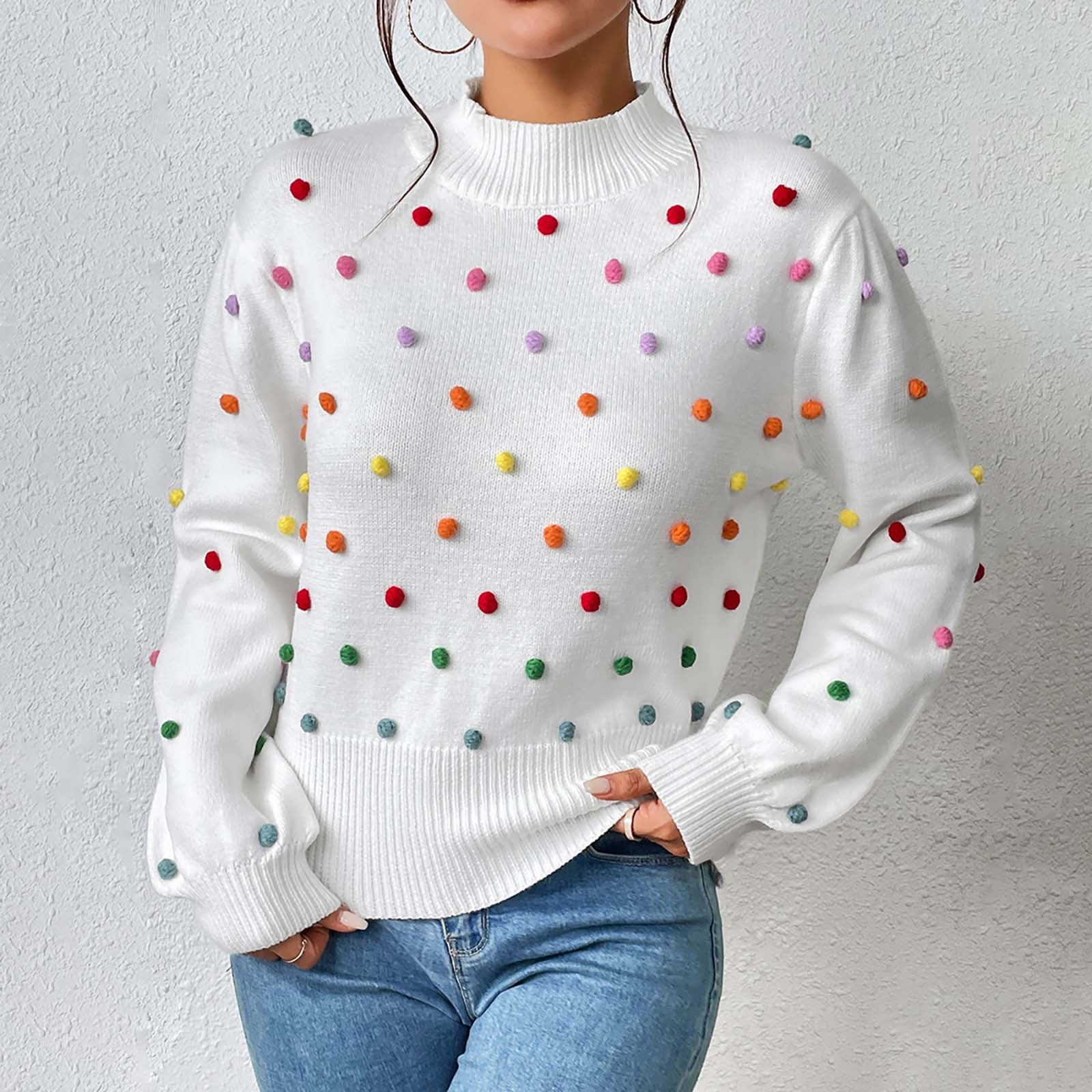COSFO White Womens Sweaters Crew Neck Polka Dot Long Sleeve Knit Tops ...