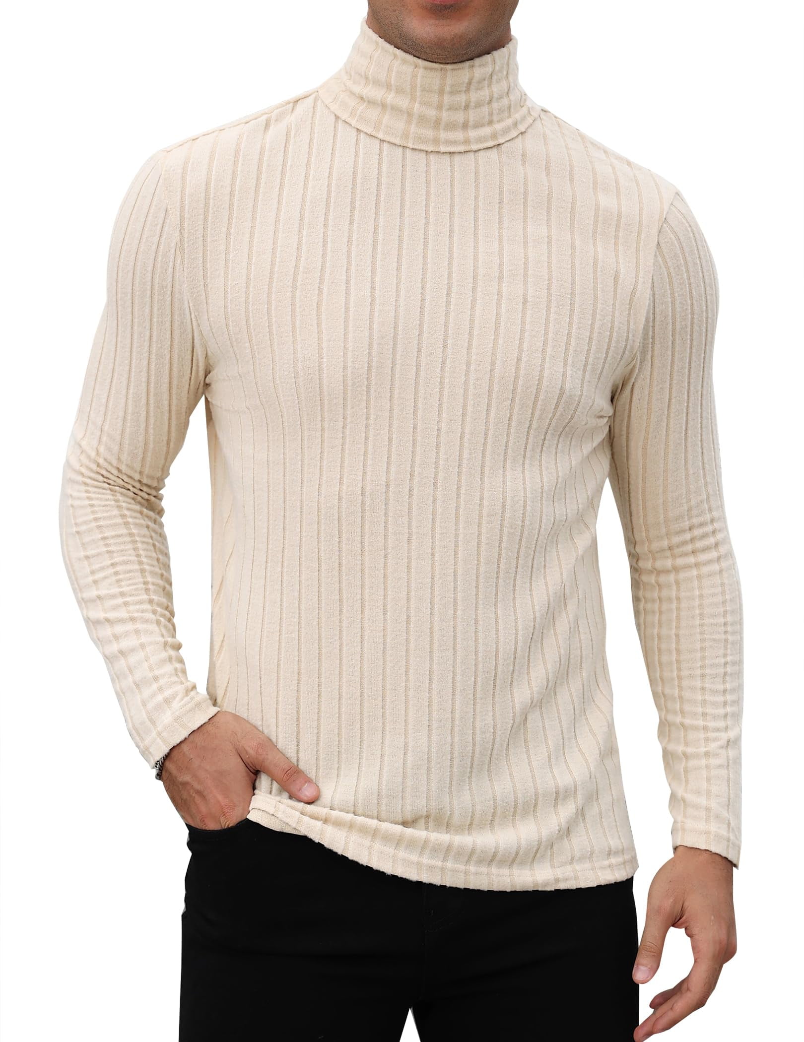 Coshow Men Turtleneck Sweater Long Sleeve T Shirts Knit Casual Slim Fit ...