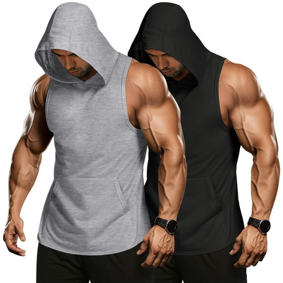 Coshow Men's 2 Pack Workout Hooded Tank Tops Bodybuilding Muscle Cut Off T Shirt Sleeveless Gym ...