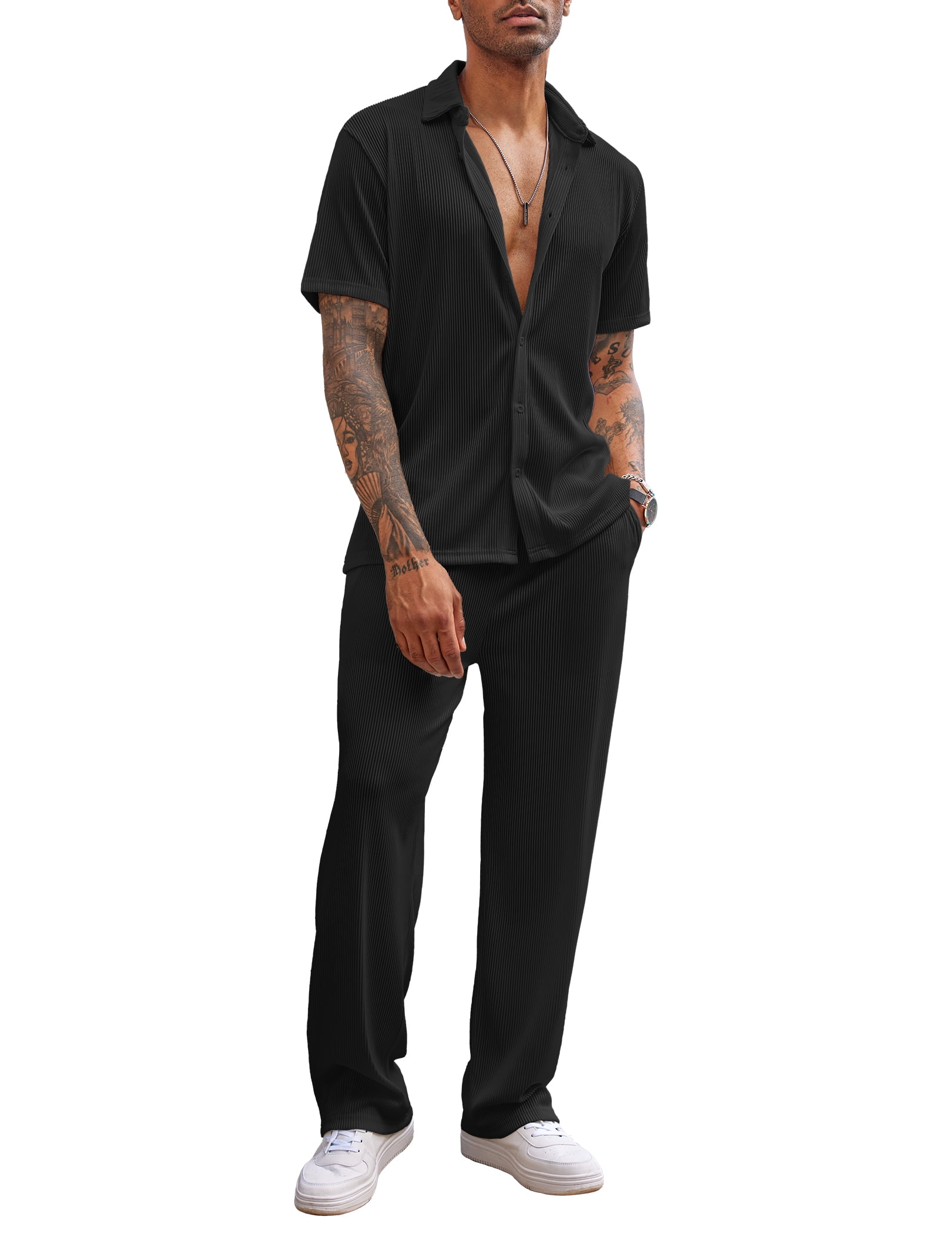 Coshow Men's 2 Piece Outfit Casual Short Sleeve Button Down Shirt Beach ...