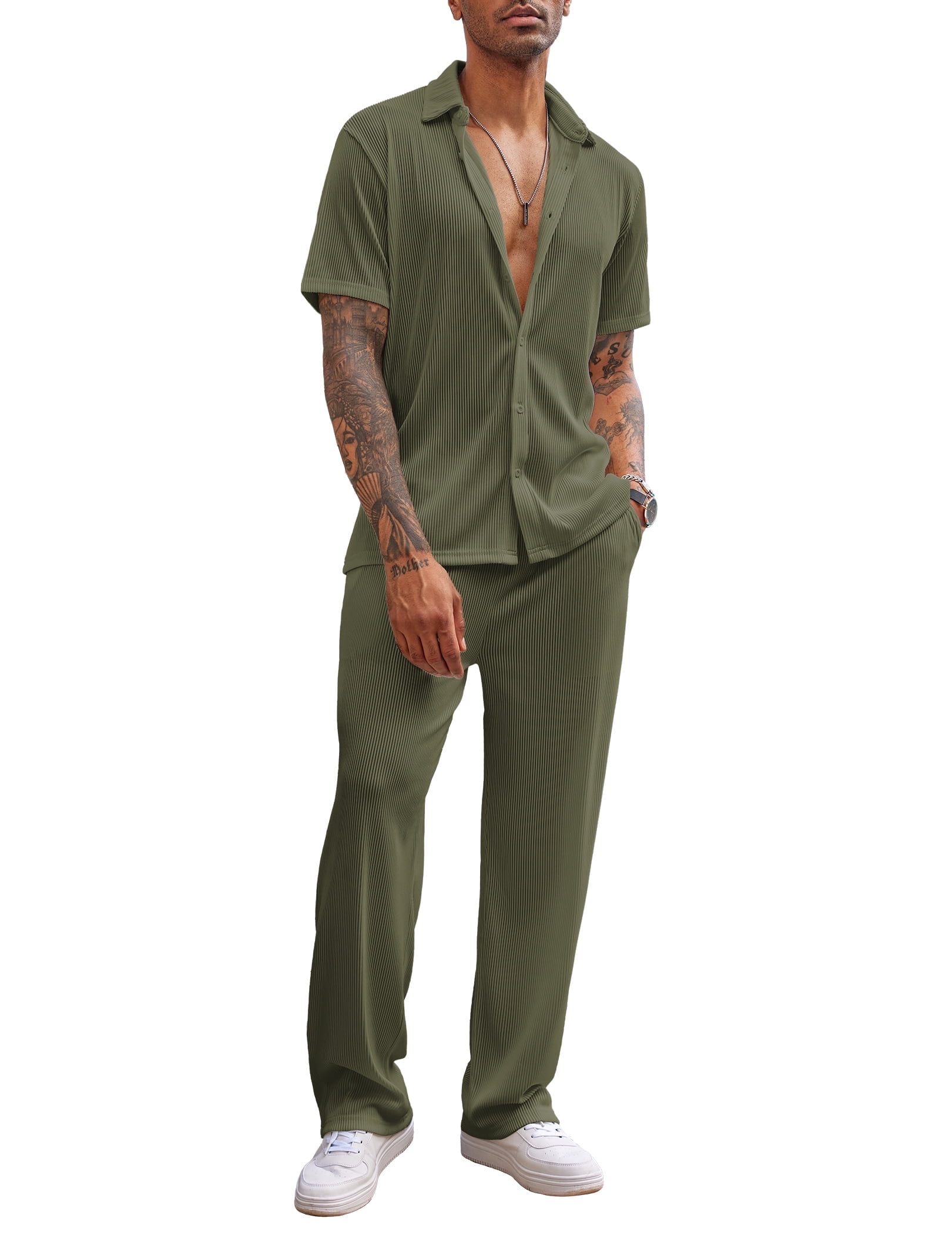 Coshow Men's 2 Piece Outfit Casual Short Sleeve Button Down Shirt Beach ...