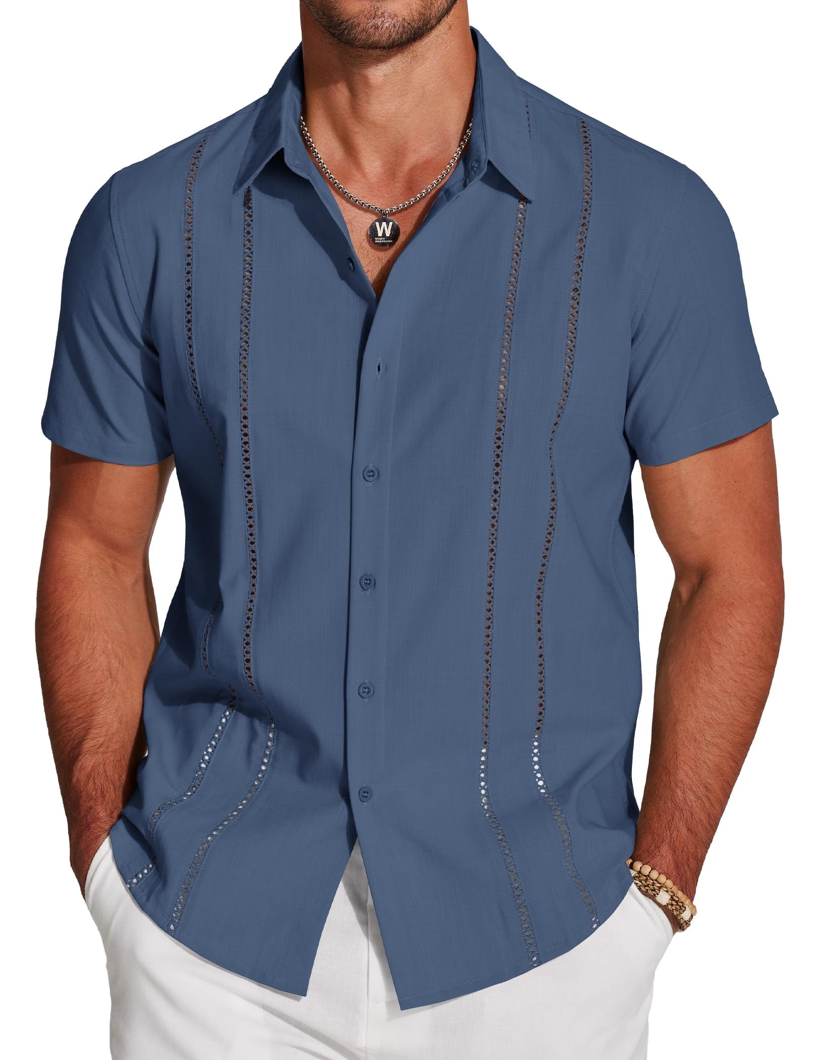 Coshow Men's Cuban Guayabera Shirt Short Sleeve Button Down Shirts ...