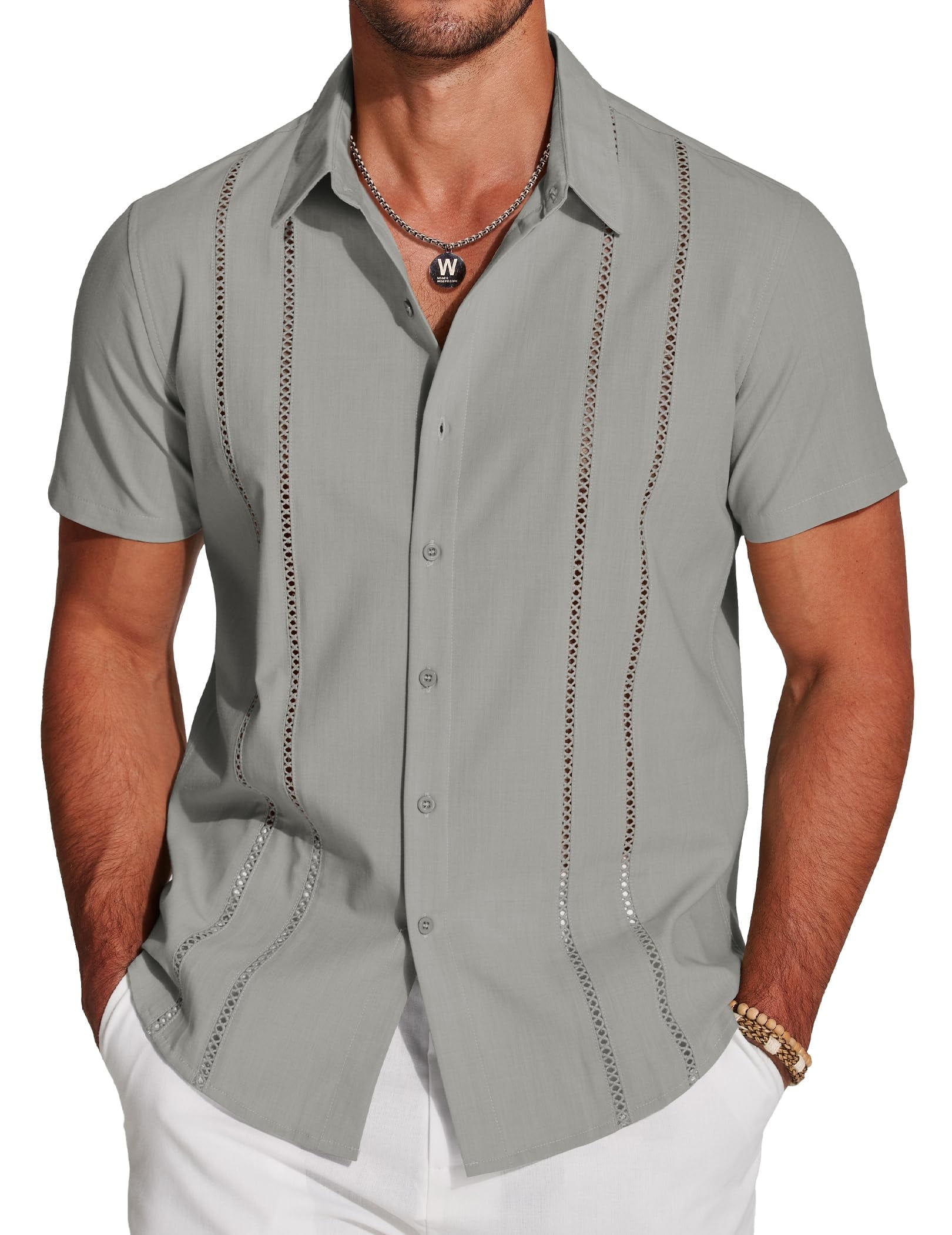 Coshow Men's Cuban Guayabera Shirt Short Sleeve Button Down Shirts ...