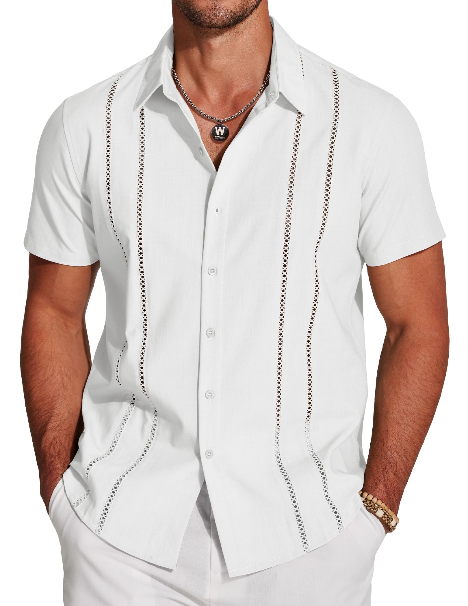 Coshow Men's Cuban Guayabera Shirt Short Sleeve Button Down Shirts ...