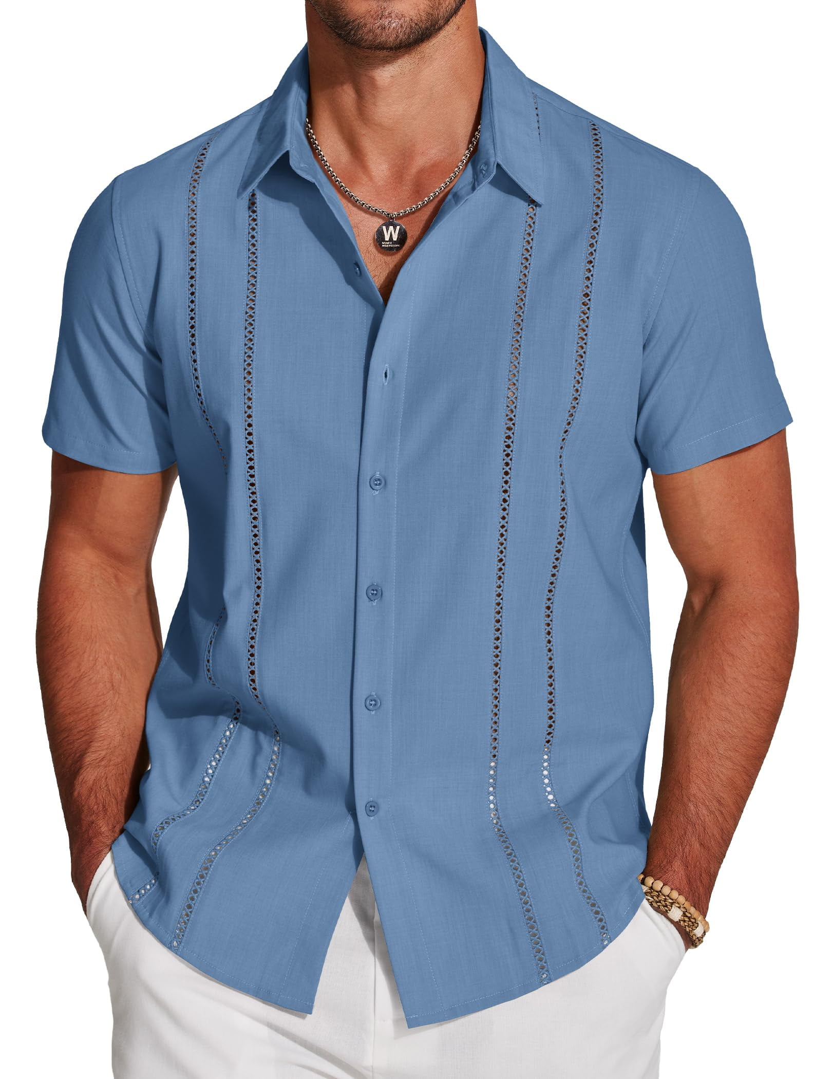 Coshow Men's Cuban Guayabera Shirt Short Sleeve Button Down Shirts ...