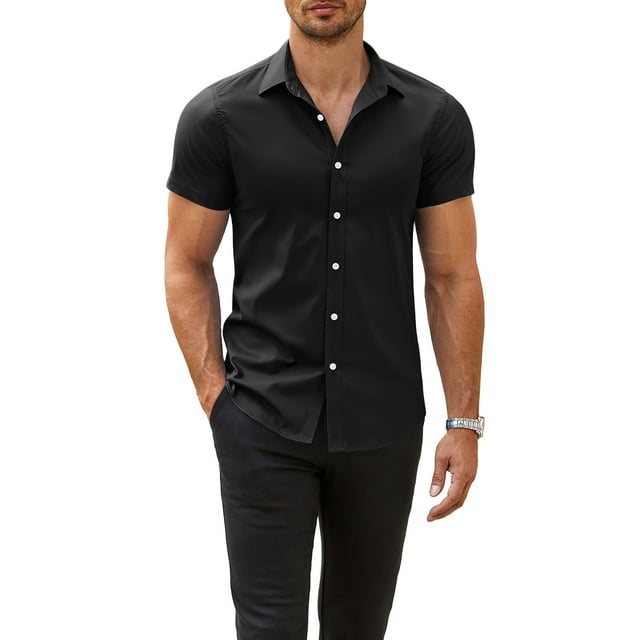 Coshow Mens Muscle Fit Dress Shirts Wrinkle Free Short Sleeve Casual