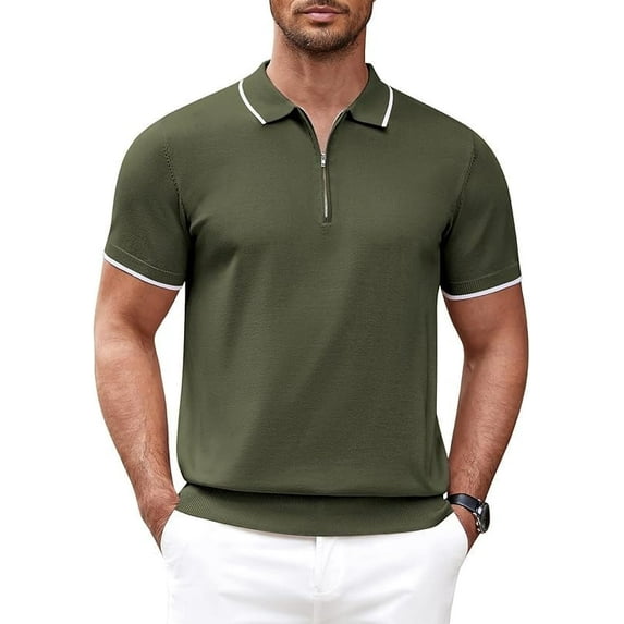 Coshow Men's Zipper Polo Shirt Knit Short Sleeve T Shirt Casual Classic ...