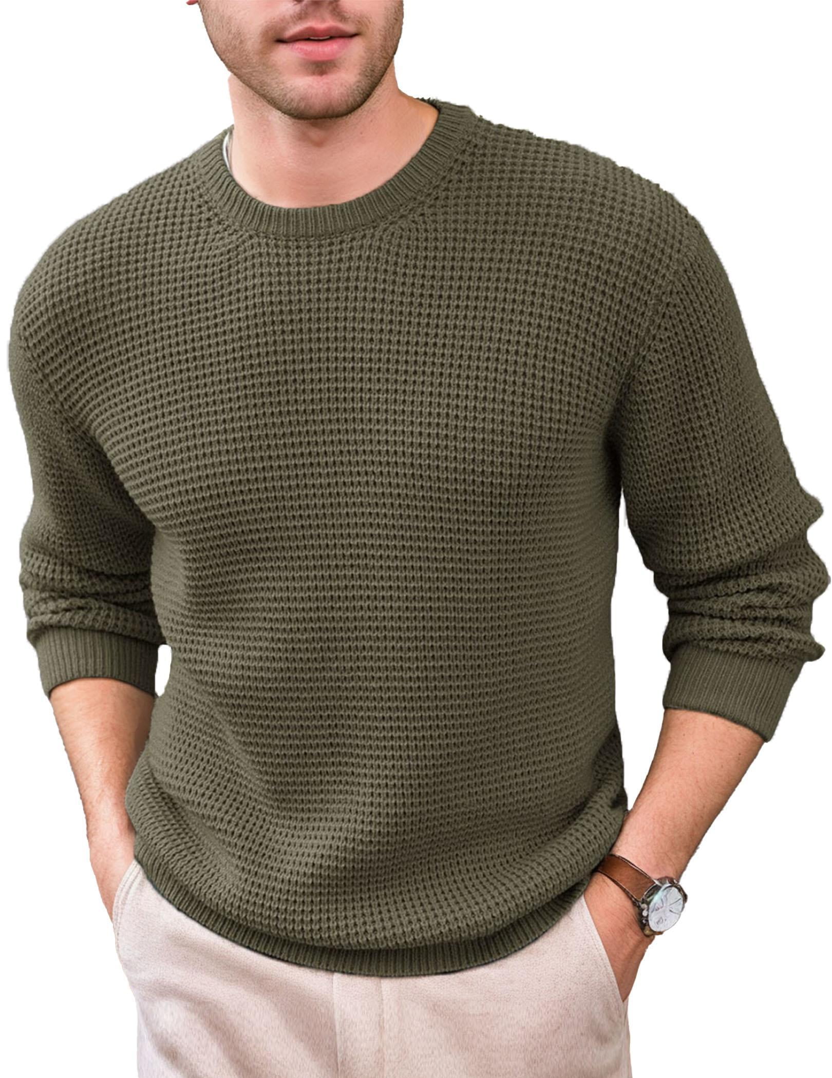 Coshow Mens Crewneck Pullover Sweater Waffle Textured Long Sleeve ...