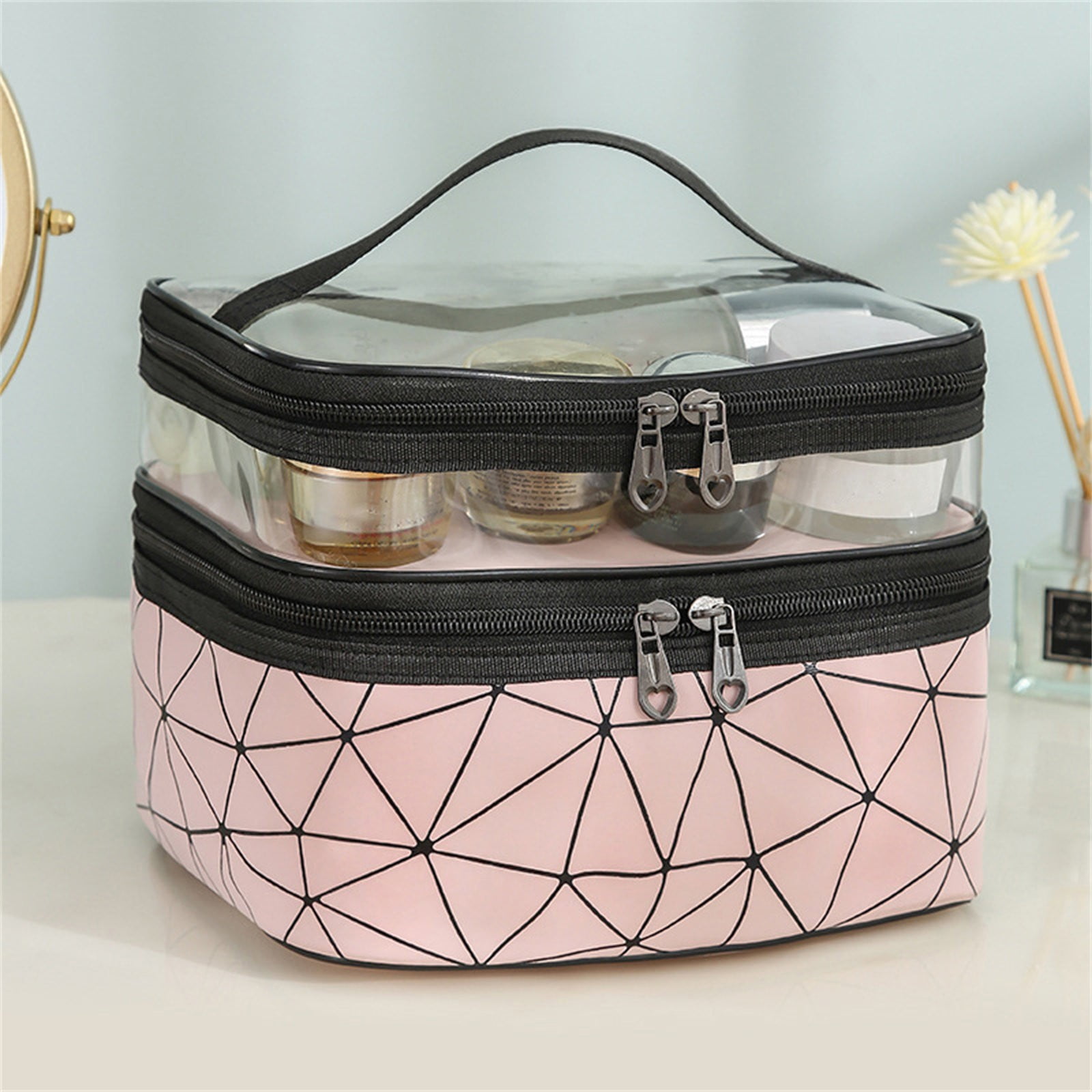 Cosmetic Bag Double Layer Makeup Organizer Travel Toiletry for Women ...