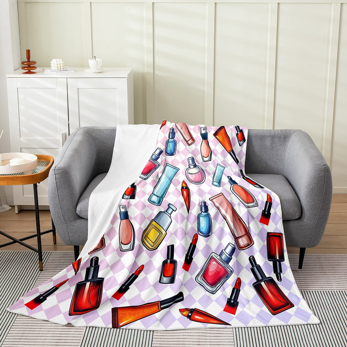 Cosmetics Bed Blanket,Women Make Up Theme Red Lipsticks Perfume Flannel ...