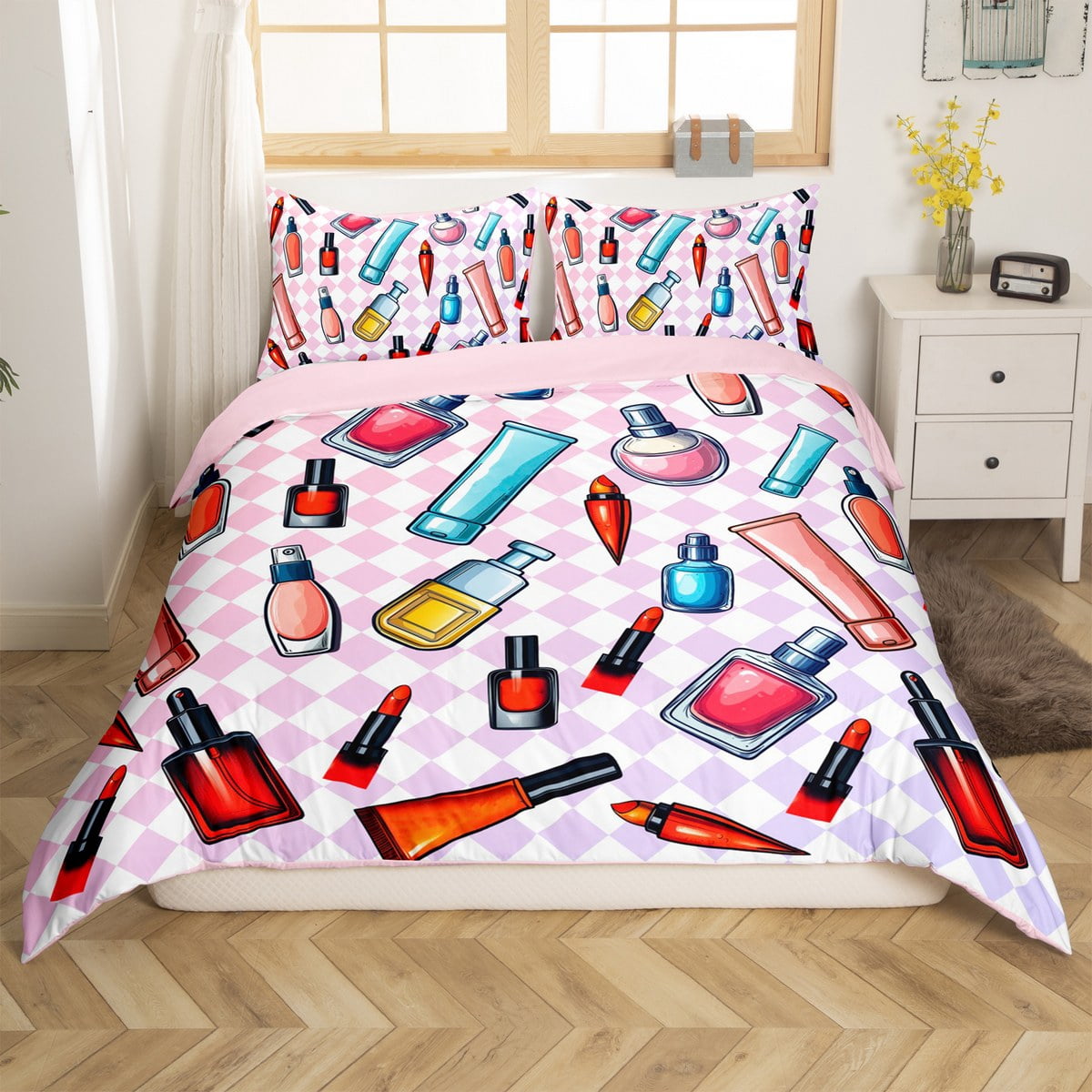 Cosmetics Duvet Cover,Women Make Up Theme Red Lipsticks Perfume Quilt ...