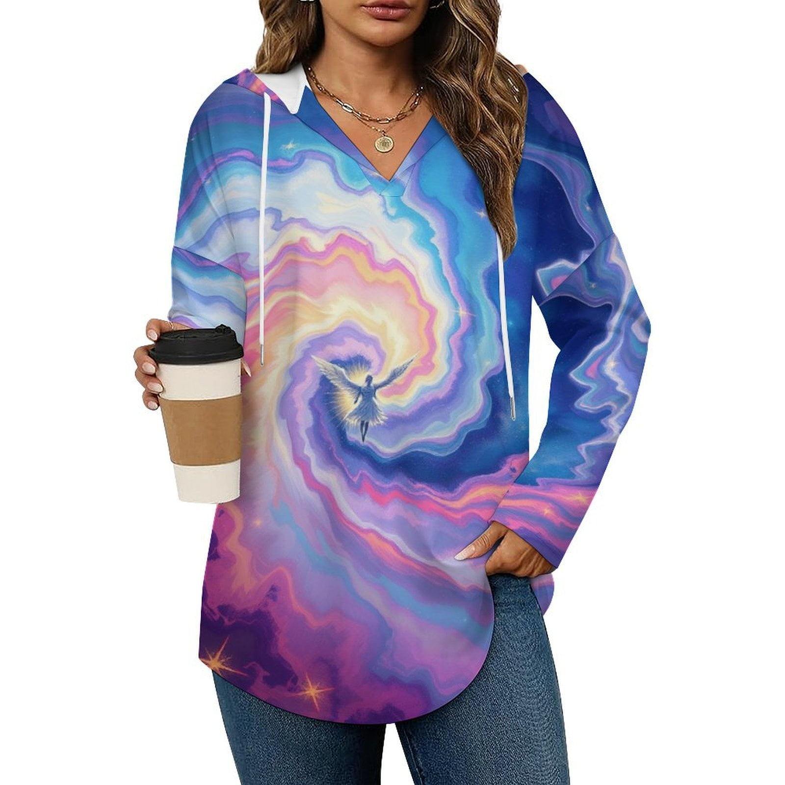 Cosmic Angel Flight Women's Hoodies V Neck Long Sleeve Sweatshirt ...