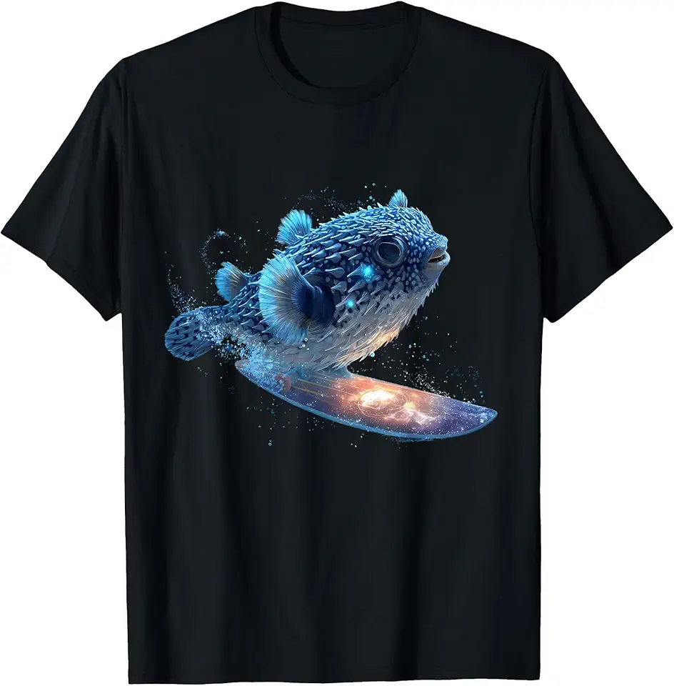 Cosmic Blue Pufferfish Surfing Unisex Ocean Lover Short Sleeve Graphic ...