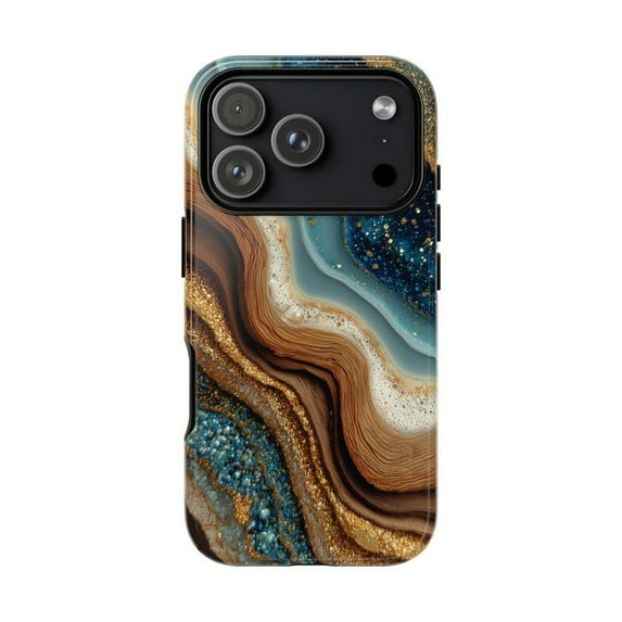 Cosmic Blue Wood Marble Gold Dust Tough Case for iPhone 11,12,13,14,15 ...