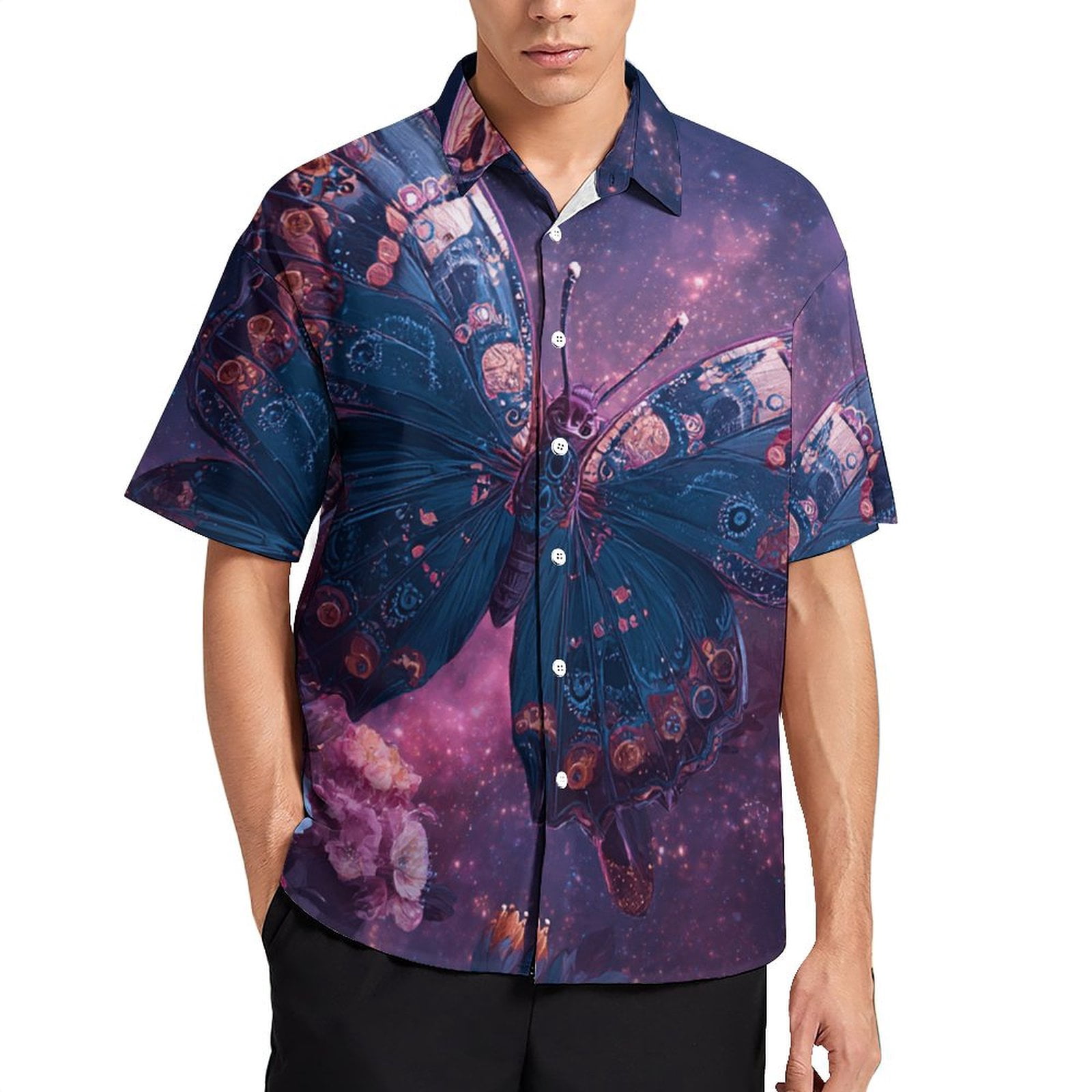 Cosmic Butterfly Flowers Galaxy Dreamscape Art Men's Shirts Short ...