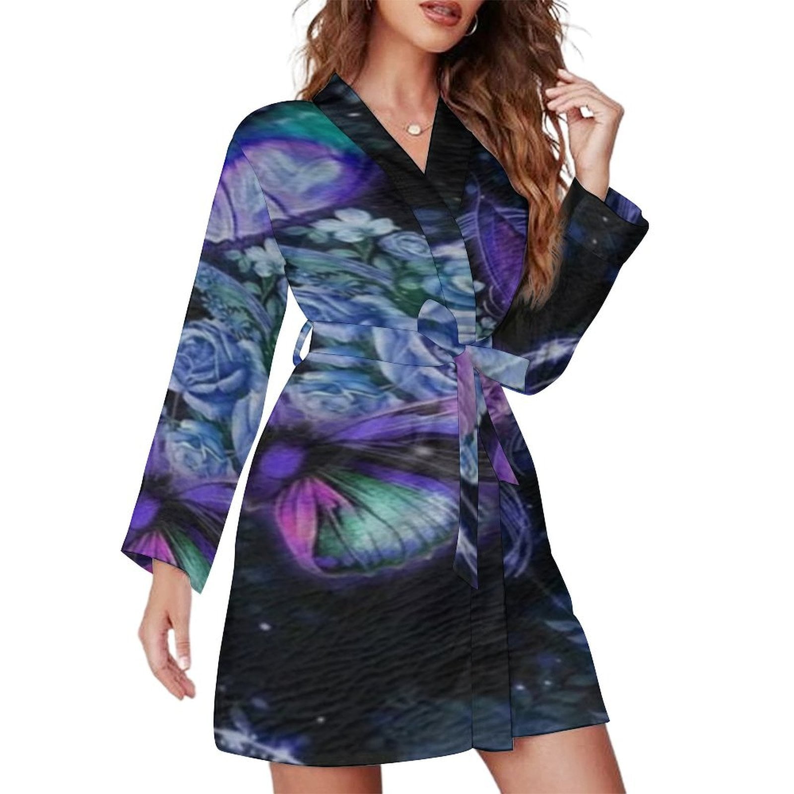 Cosmic Butterfly Night Robe Long Sleeve V Neck Robe With Belt Women's ...