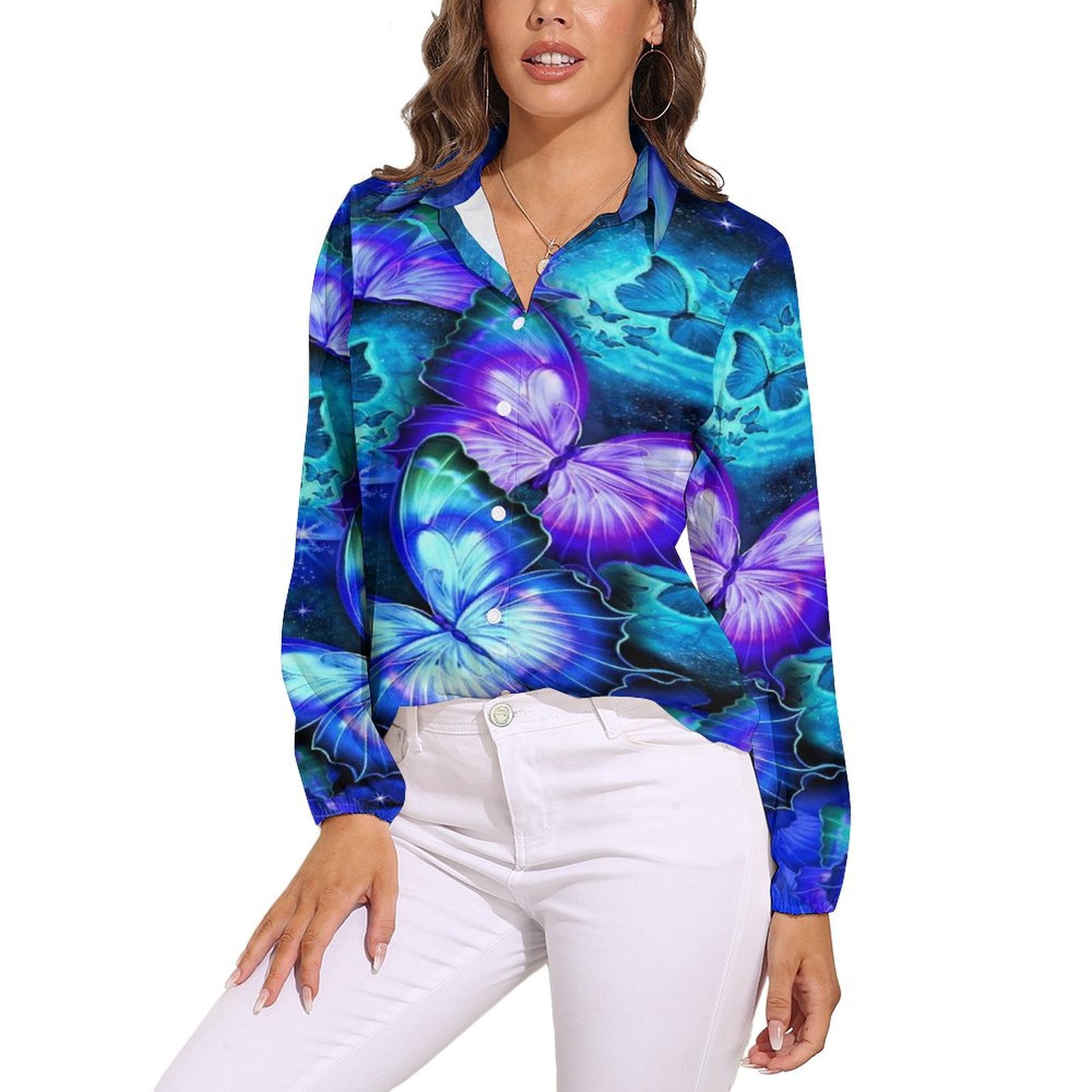 Cosmic Butterfly Purple Long Sleeve Blouse Woman Streetwear Casual ...
