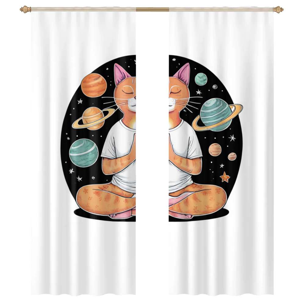 Cosmic Cat Yoga Modern Tulle Window Curtains for Living Room Luxury ...