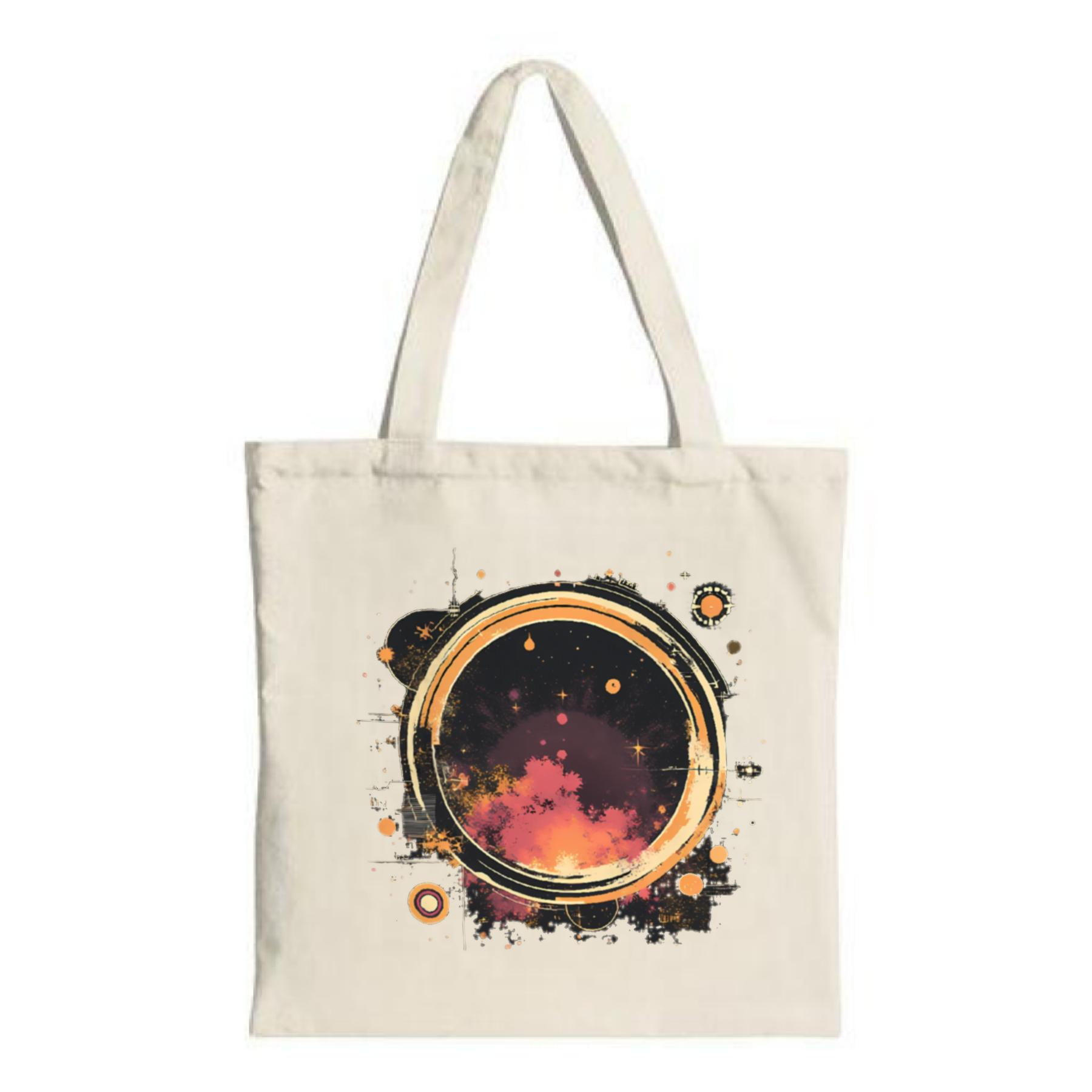 Cosmic Circular Pattern Tote Bag - Dark Background with Vibrant Orange ...