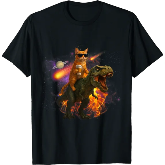 Cosmic Coffee Cat T-Rex UFO Stargazing T-Shirt for Fun Style - Walmart.com